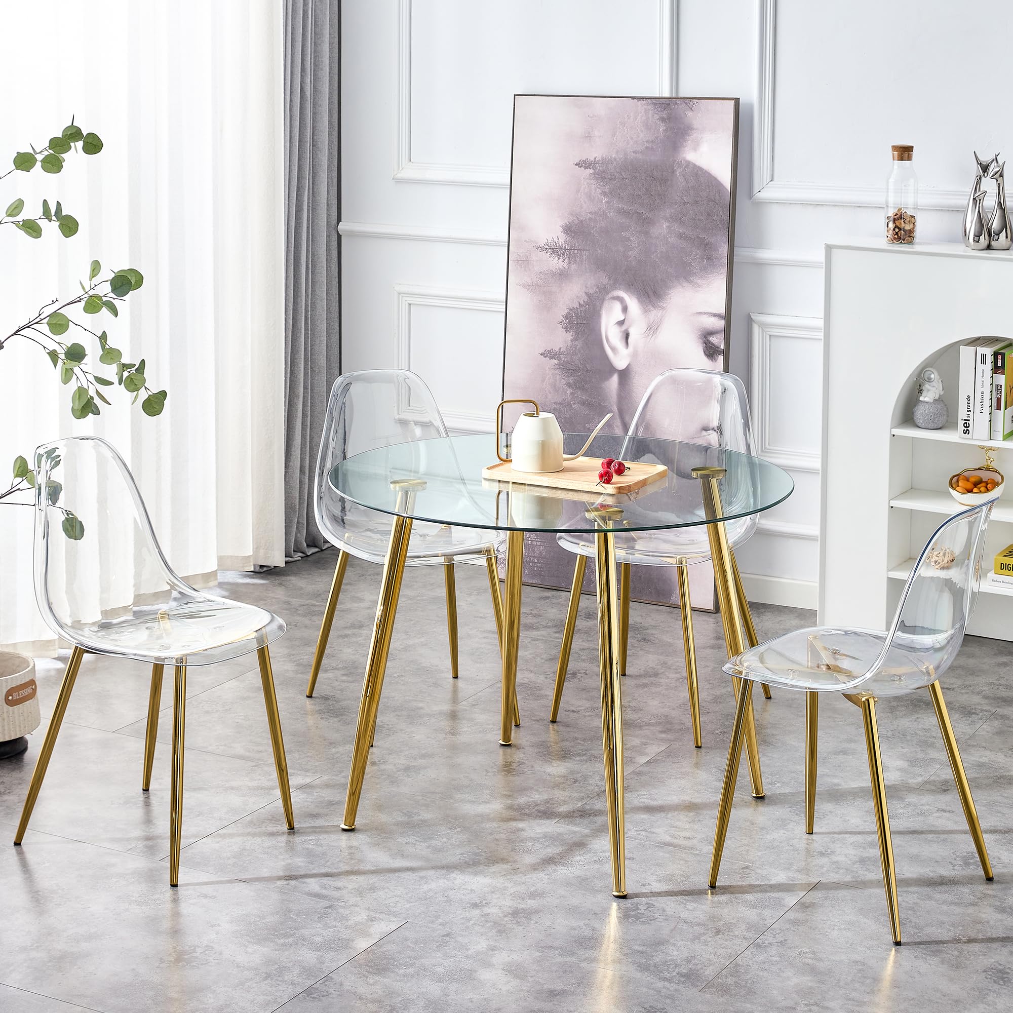Gold Round Glass Dining Table Set for 4, Modern Kitchen Table and Chairs Set of 4, A Circle Small Round Dining Room Table and Clear Acrylic Chairs juego de comedor de 4 sillas y mesa