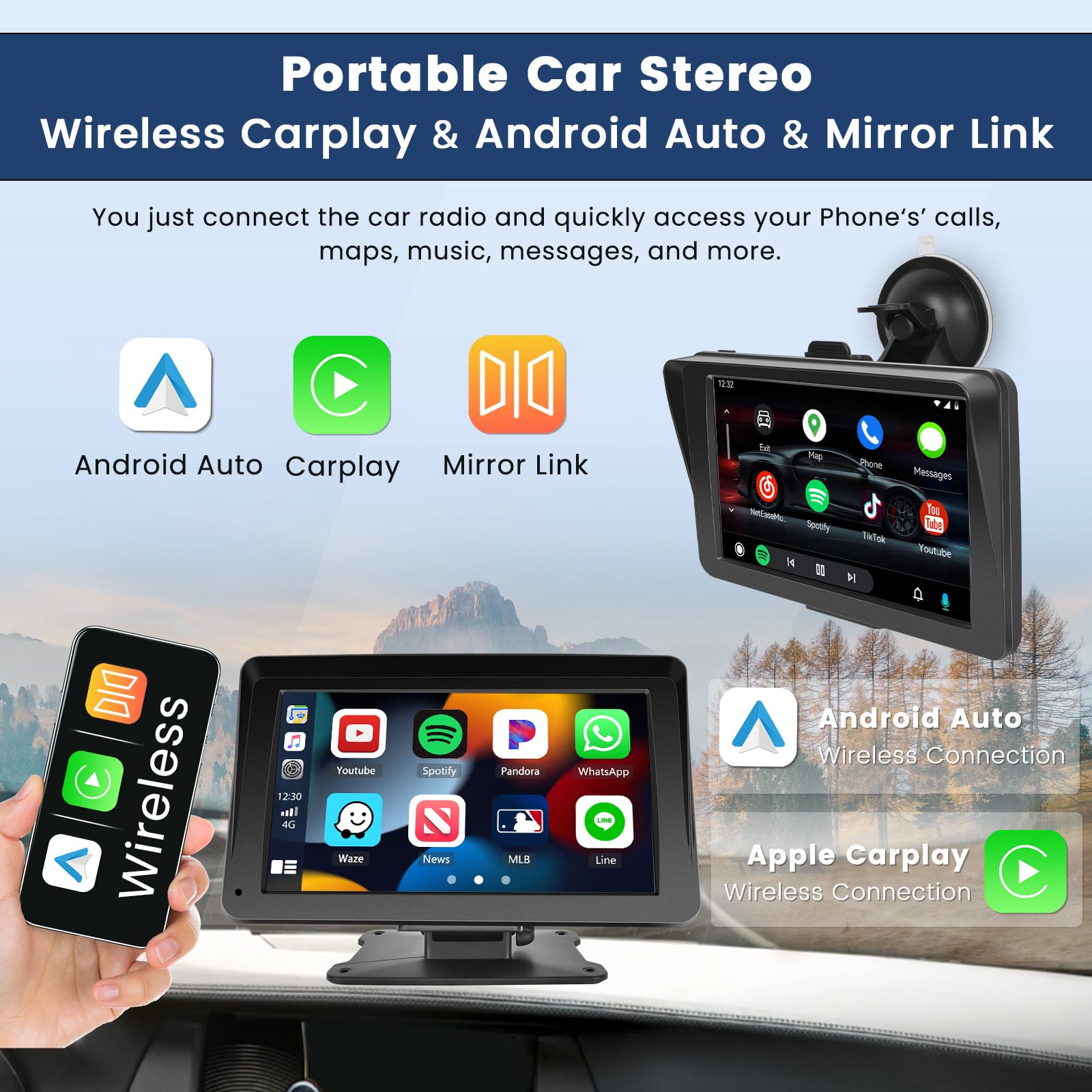 Hikity Portable Wireless Apple Carplay & Android Auto Car Stereo with 7 Inch Touchscreen Car Radio Support AirPlay Android Bluetooth Handsfree AUX/FM Transmitter 64GB TF Card
