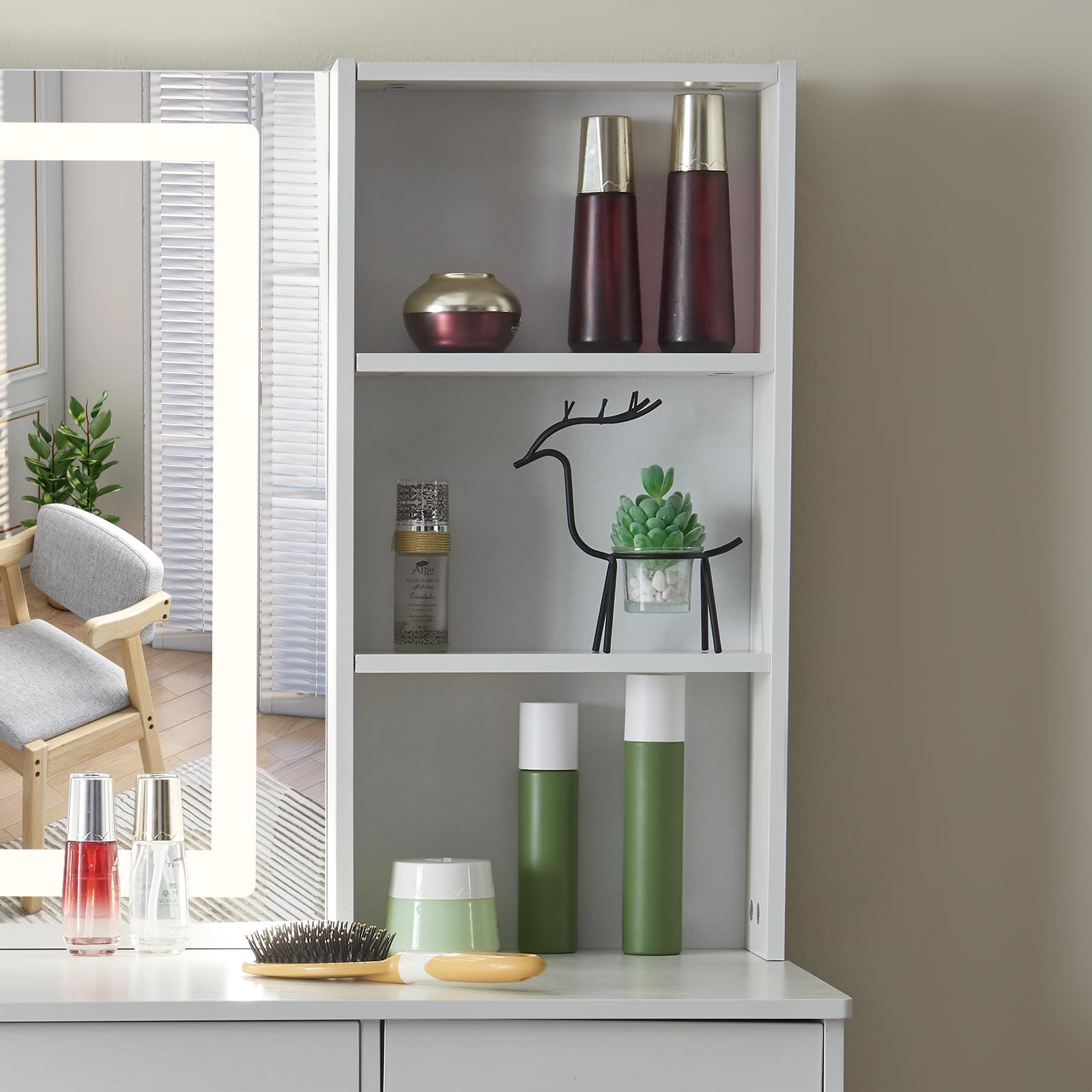 Hikooo Large Makeup Vanity 42" W Dresser with Lights and Mirror, 2 Large Drawer & Six Level Storage Dresser, 3 Color Lighting Modes Adjustable Brightness Bedroom Dressing Table - White