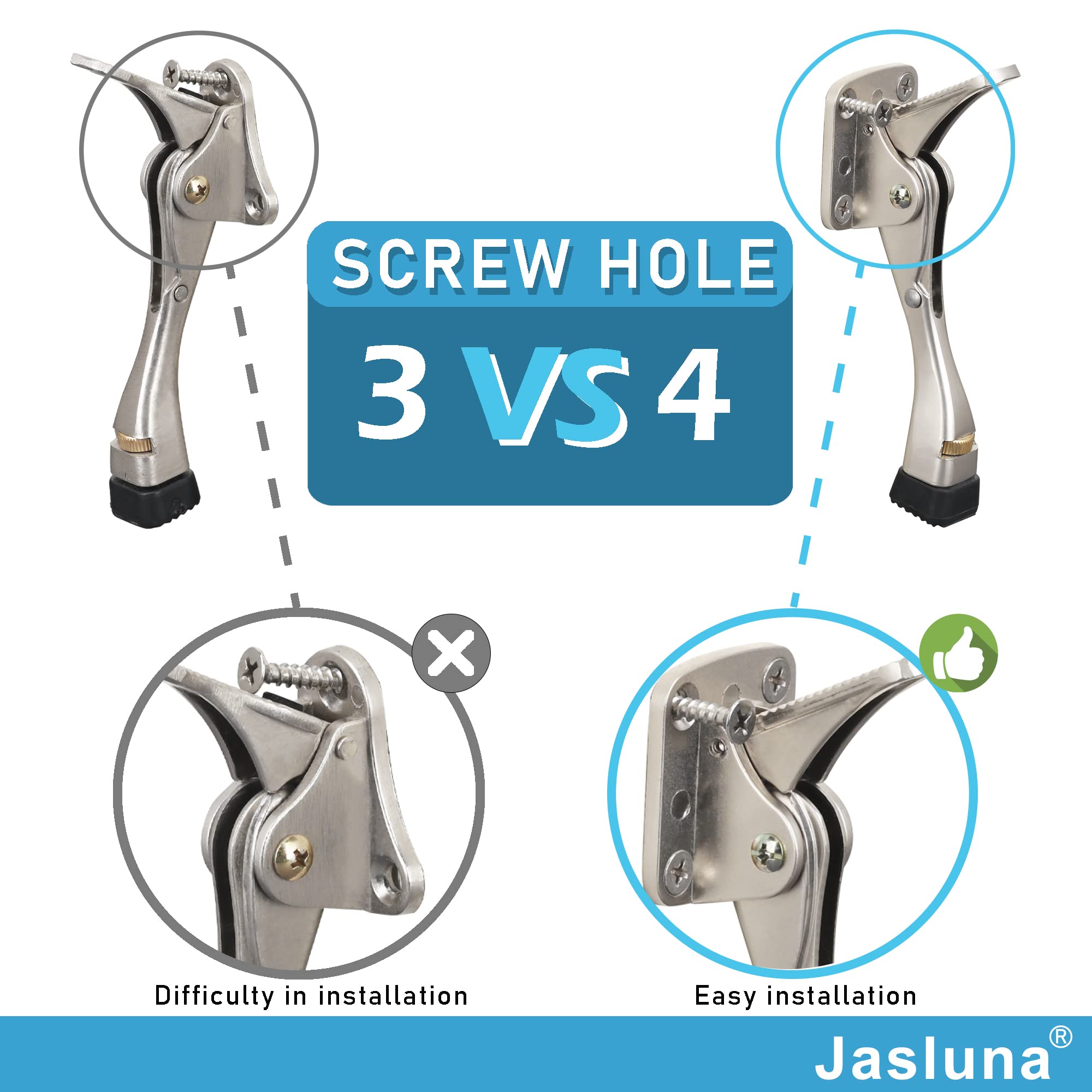 Jasluna Kickdown Door Stopper, 2-Pack Door Holder to Keep Door Open, 4-inch Commercial Heavy Duty Door Stoppers, One Touch Height-Adjustable Rubber Tips, Satin Nickel