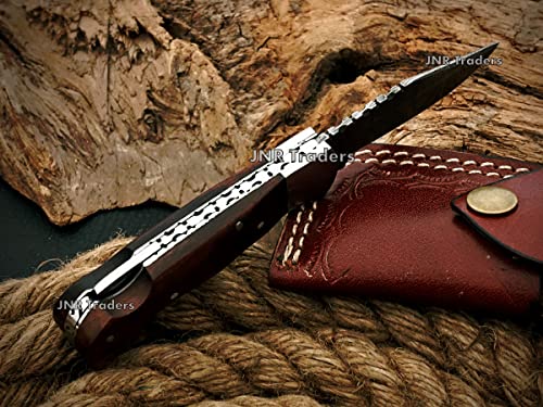 JNR TRADERS Damascus Pocket Knife with Sheath, Folding Knife, Handmade Small Folding Pocket Knife with Sheath, Wood Handle 2397
