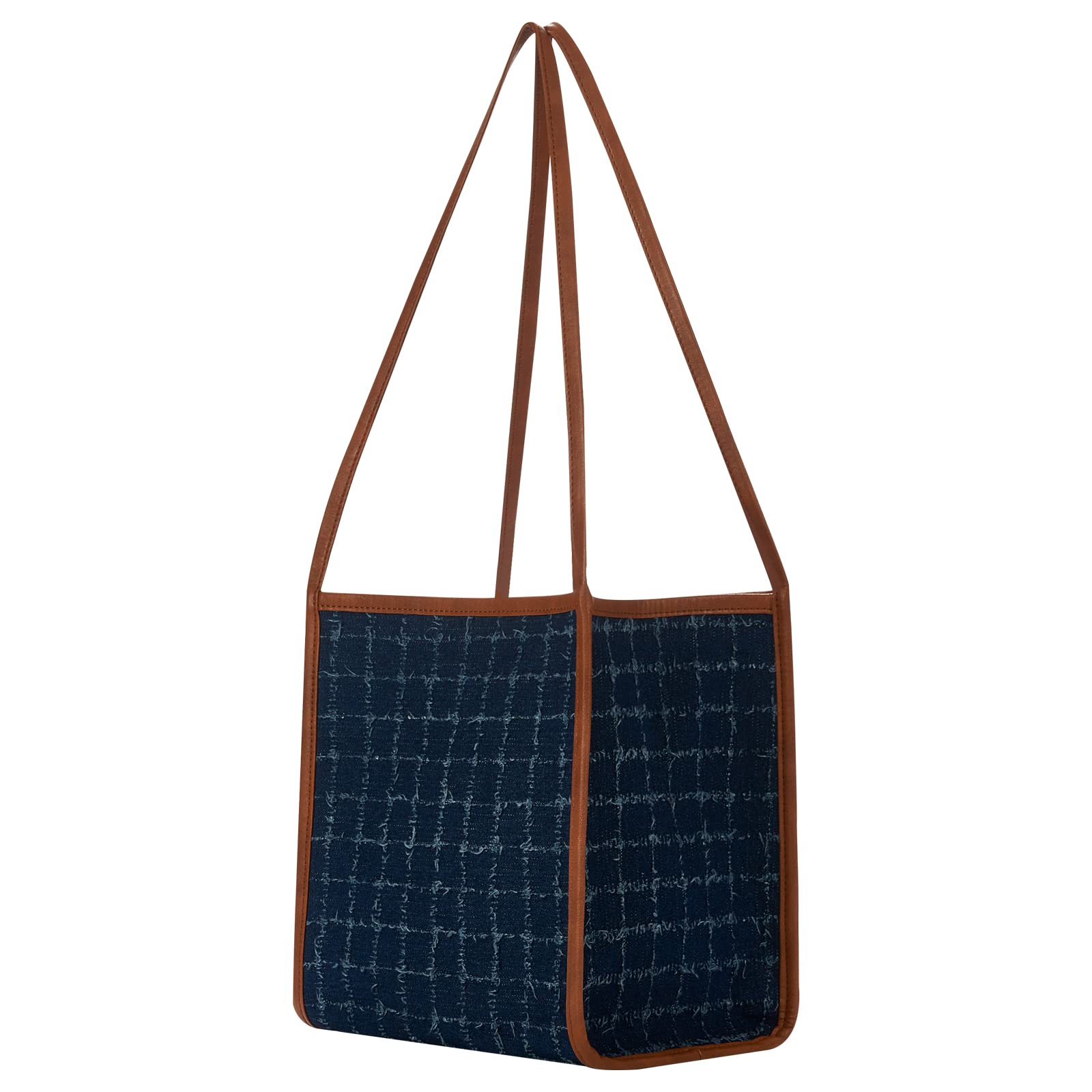 KWANI Grid Frayed Denim Tote Shoulder Bags for Women and Ladies (Denim Blue)