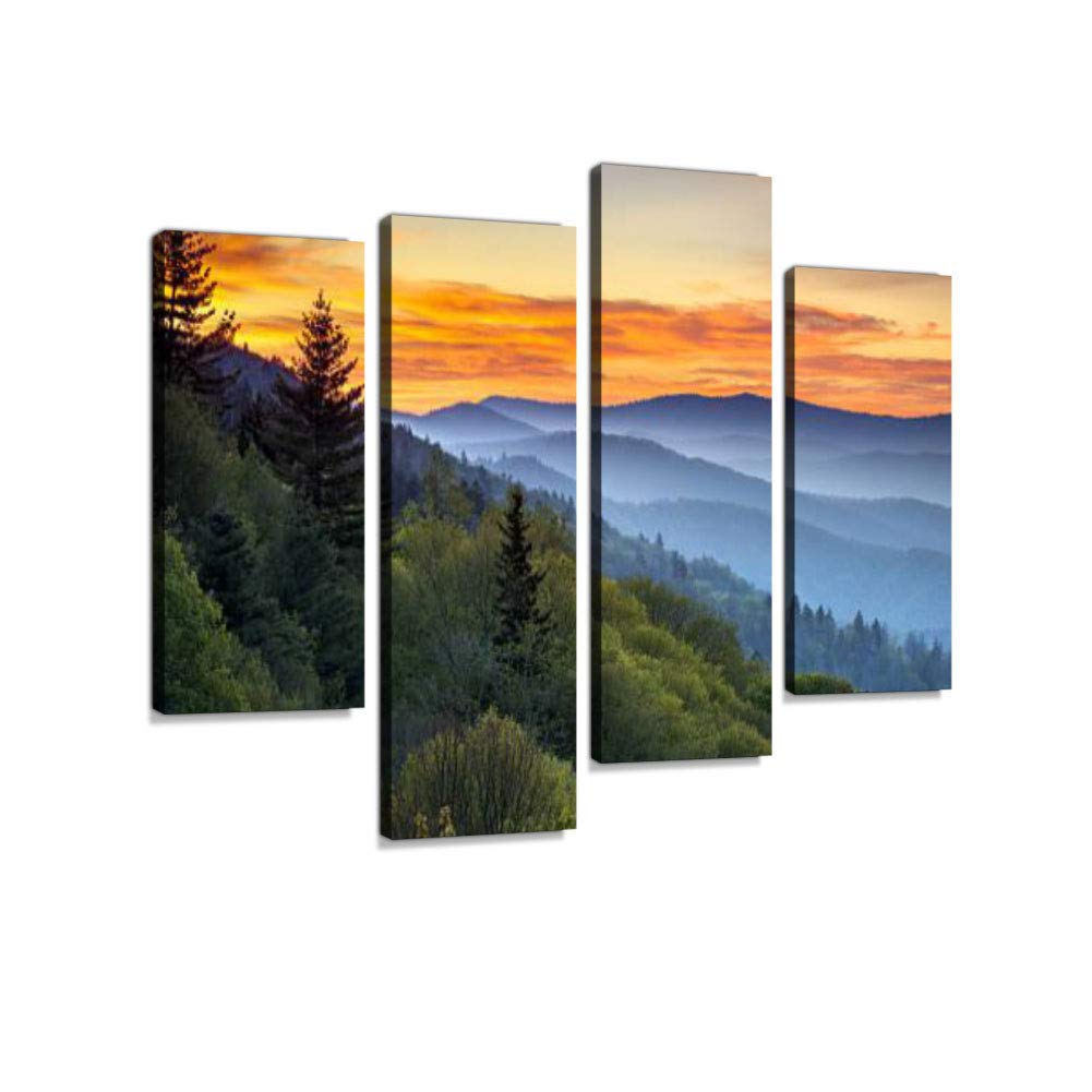 Great Smoky Mountains National Park Scenic Sunrise Landscape at Oconaluftee Canvas Wall Art Hanging Paintings Modern Artwork Abstract Picture Prints Home Decoration Gift Unique Designed Framed 4 panel