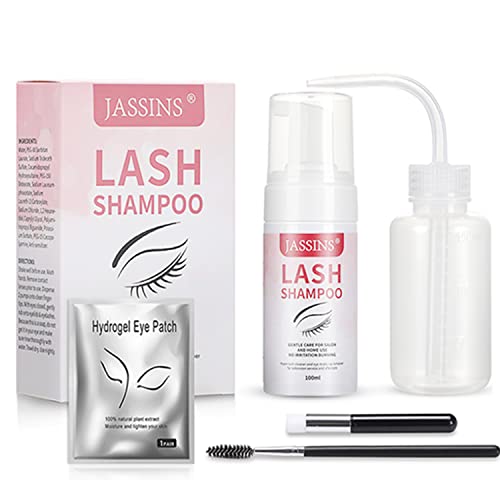 JASSINS Lash Shampoo for Lash Extensions, Eyelash Extension Cleanser Kit,100ml Shampoo/Cleaning Brush/Rinse Bottle/Mascara Brush/Eye Pads,No stimulation,For Professional & Self Use