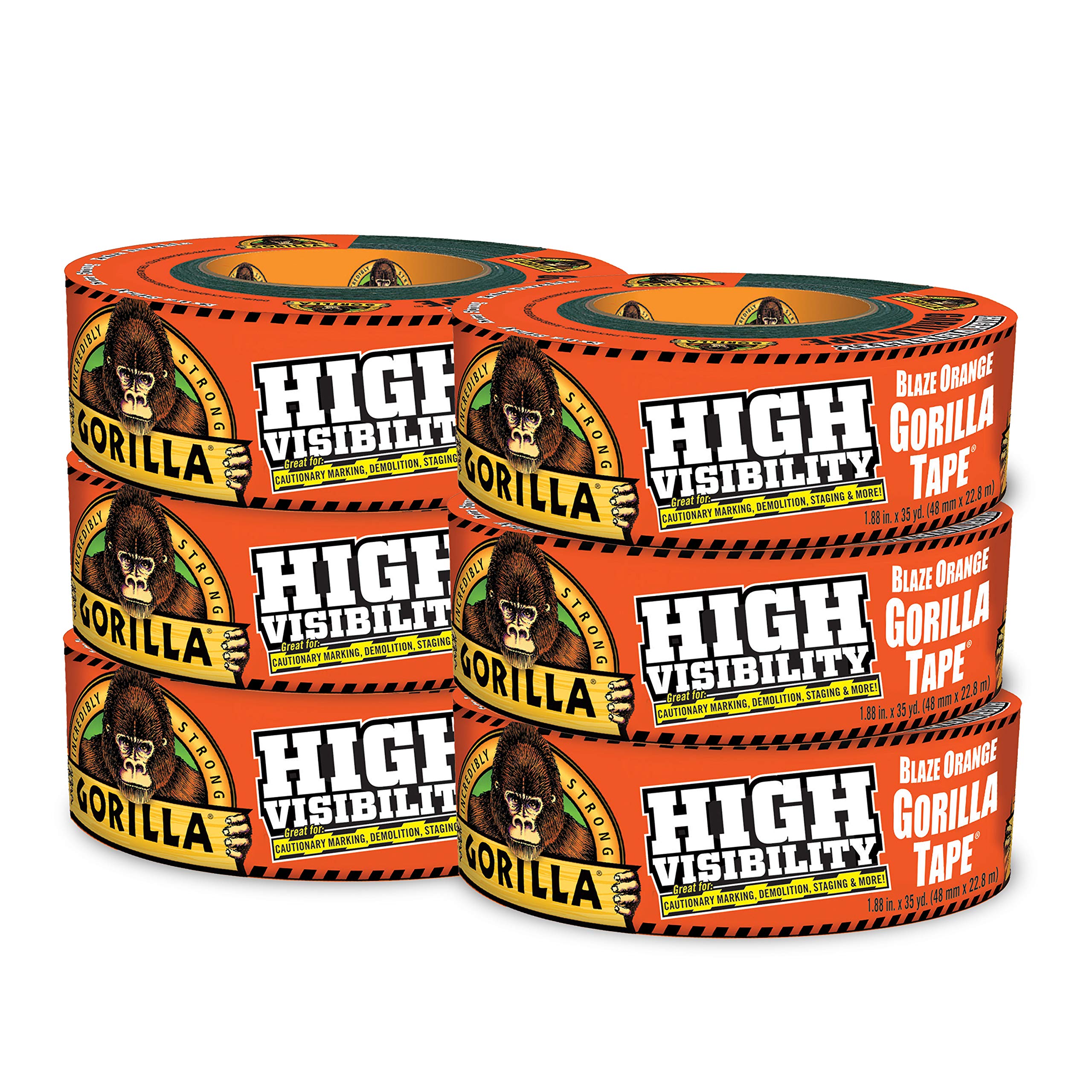 Gorilla Tape, High Visibility Duct Tape, 1.88" x 35 yd, Blaze Orange, (Pack of 6)