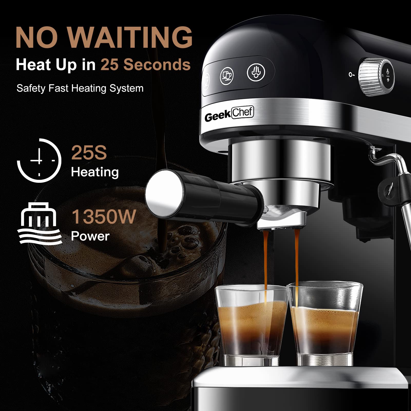Geek Chef Espresso Machine, High Performance For Espresso, Cappuccino, Latte, Machiato, Semi-Automatic Coffee Maker