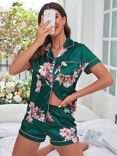 WDIRARA Women's Sleepwear 2 Piece Satin Floral Print Short Sleeve Shirt and Shorts Silk Pajama Set Green XL