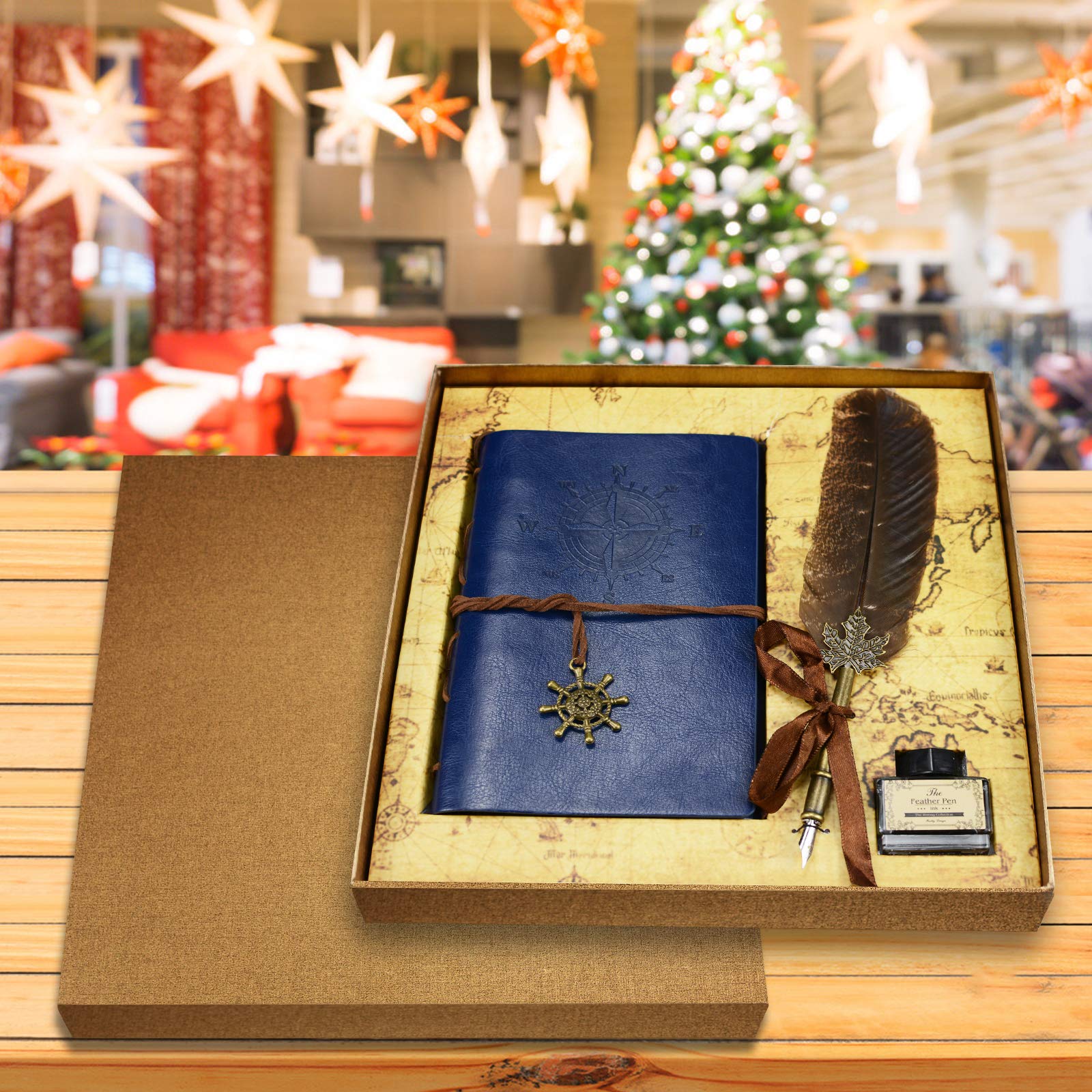 GloDeals Quill Pen Feather Pen Set, Calligraphy Pen Antique Writing Dip Pen Ink and Quill Set with the Ink in Bottle Leather Journal Notebook