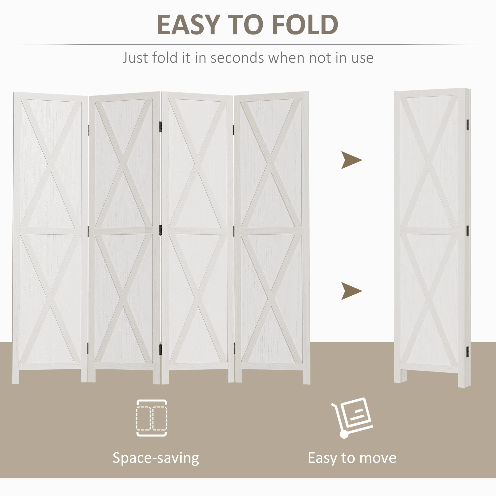 HOMCOM 4-Panel Folding Room Divider, 5.6 Ft Tall Freestanding Paulownia Wood Privacy Screen Panels for Indoor Bedroom Office, White