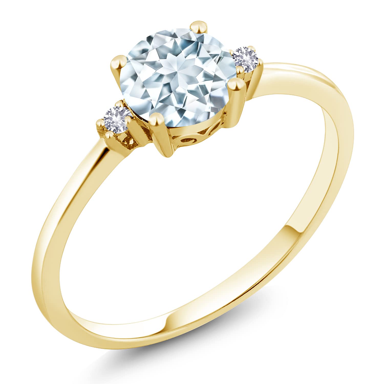 Gem Stone King 10K Yellow Gold Sky Blue Aquamarine and White Created Sapphire Solitaire Engagement Ring For Women (0.78 Cttw, Round 6MM, Gemstone March Birthstone, Size 5)