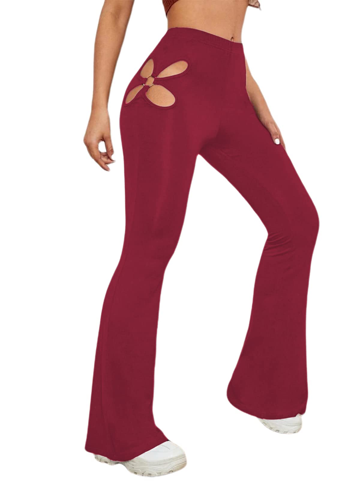 Hilinker Women's Cut Out High Waisted Pants Ladder Bootcut Night Out Stretch Flare Pants Wine Red X-Large