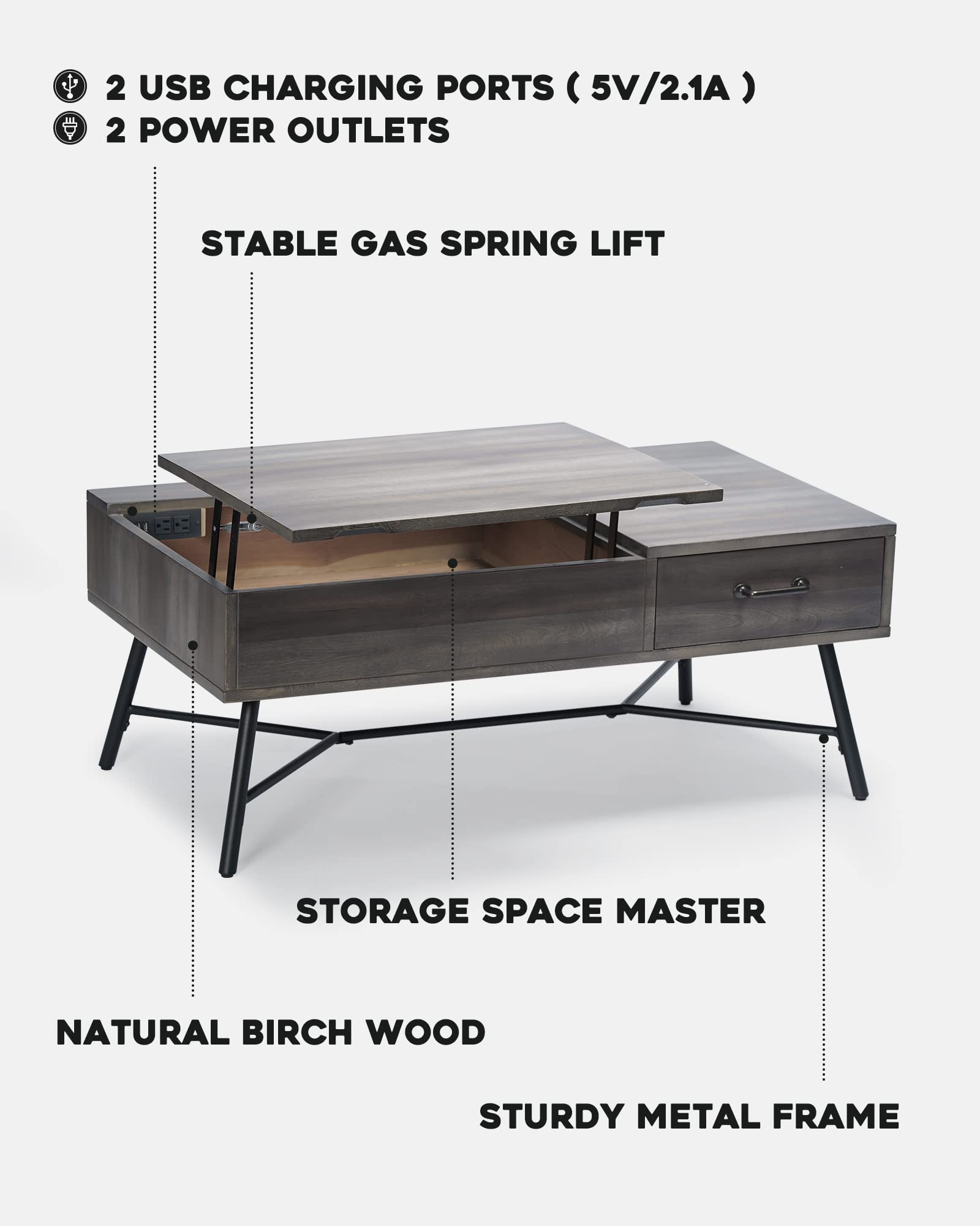 GREATUNE MCM Coffee Table for Living Room, Slide Top Coffee Tables, Rustic Natural Wood Veneer Coffee Table with Open Storage, Mid Century Coffee Table for Reception Home Office, Metal Legs, 31-Grey