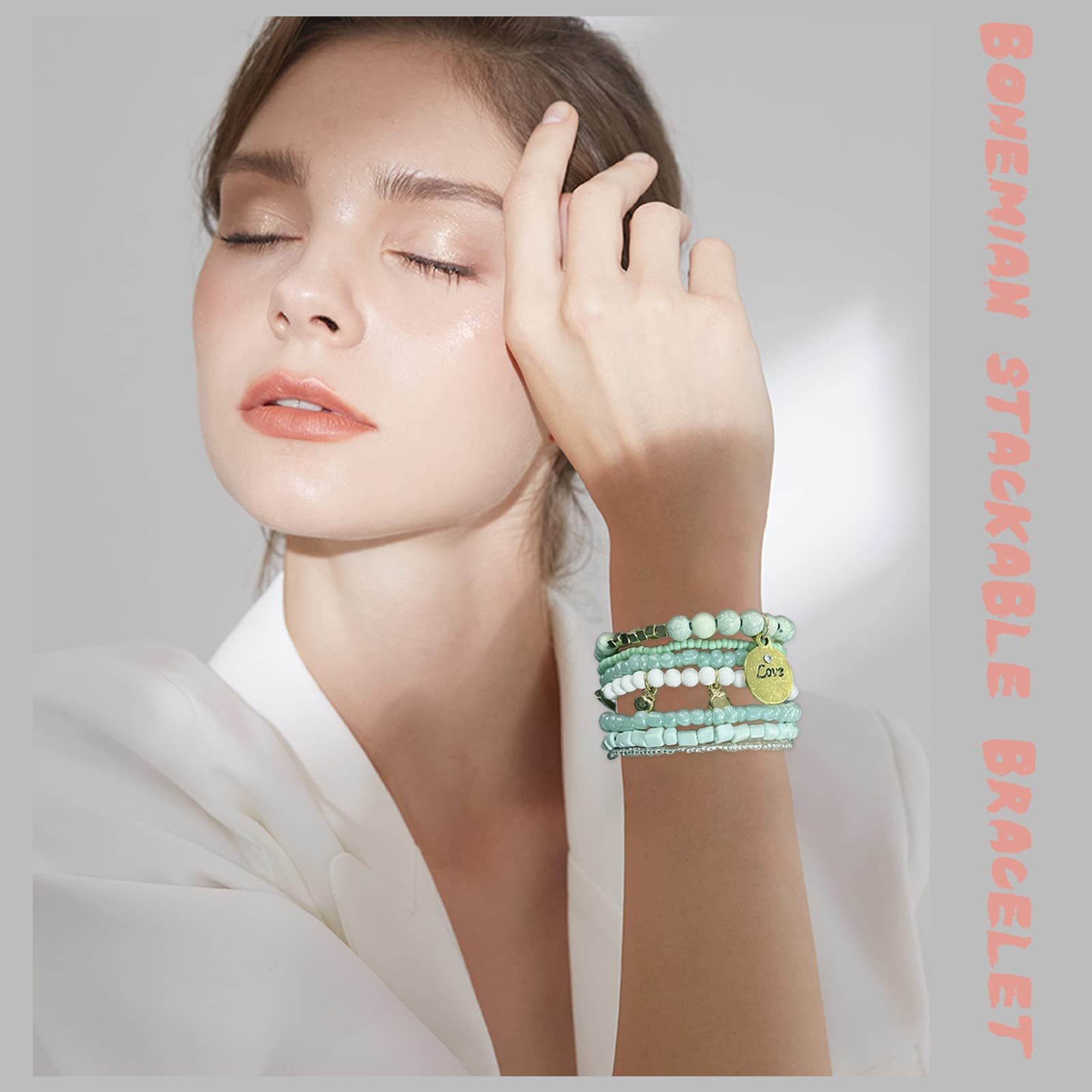 JEWPARK 6-9 Set Bohemian Stackable Bead Bracelets for Women Multilayered Stretch Bracelet Boho Acrylic Beaded Bracelet Statement Seed Beaded Bracelet 9S