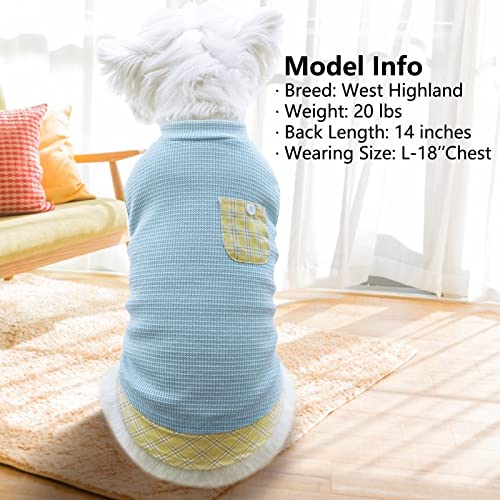 KYEESE Waffle Dog Shirt, Blue, L-Chest(18), Soft Stretchy, Lightweight, Breathable, Sleeveless, Plaid Patchwork, Small Breeds, Round Neck