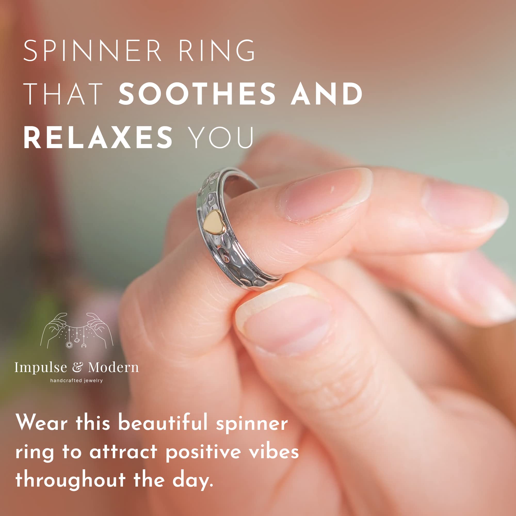 Impulse Modern Love Meditation Spinner Ring, Size 10 | 925 Sterling Silver Fidget Ring | Spin Ring Rotating Band with Classic Gold Heart | Spinning Ring for ADHD & Fidgeters | Anxiety Ring for Women