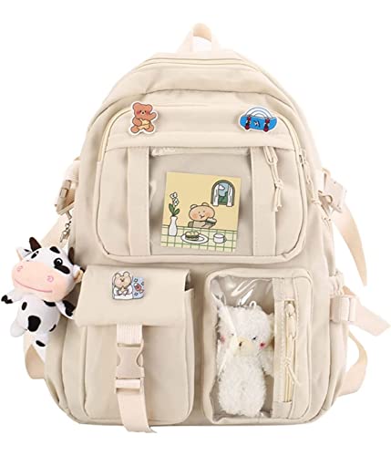 TATTHA Kawaii Backpack with Cute Bear Plush Pin Accessories Large Capacity Aesthetic School Bags Cute Bookbag for Girls Teen-Beige