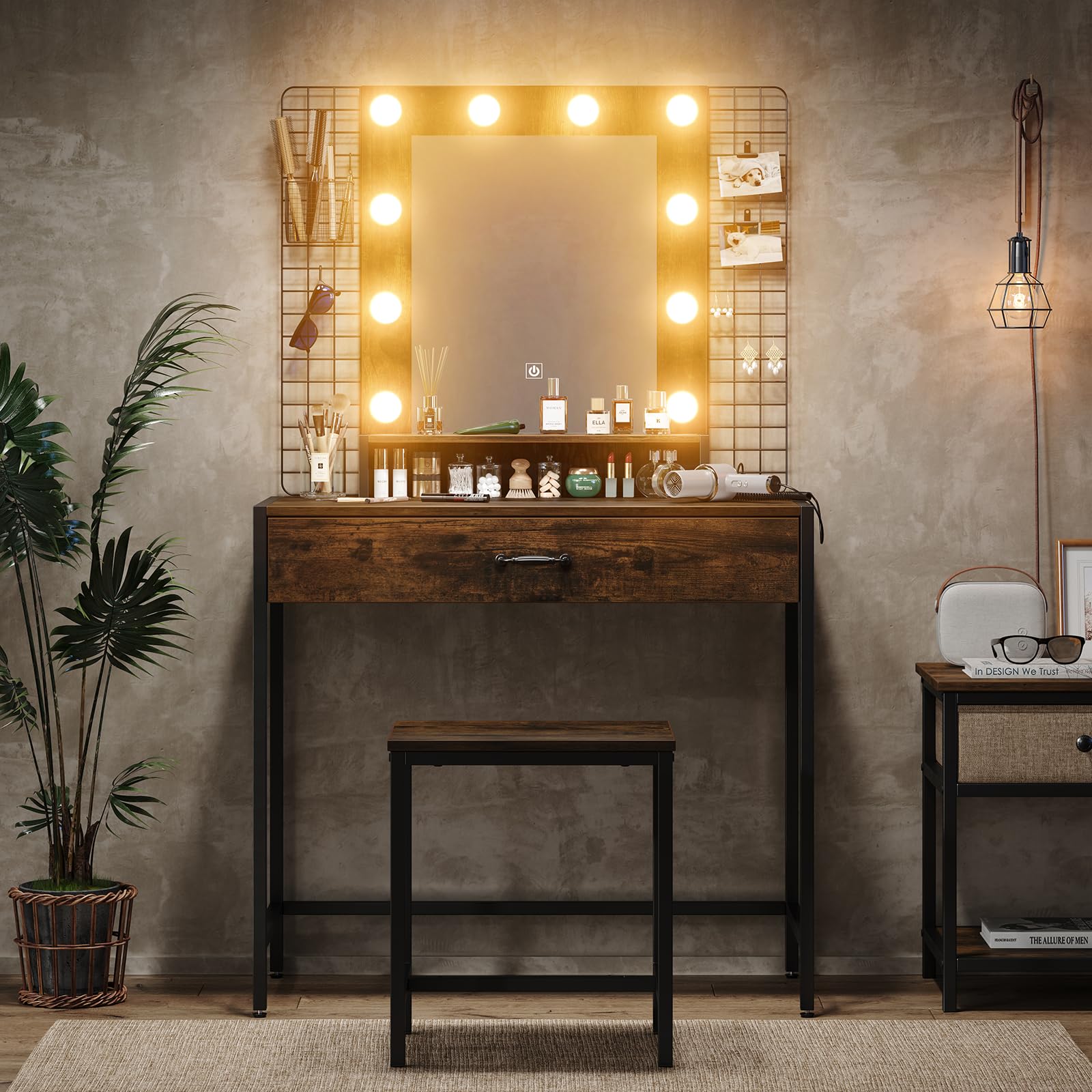 Furniouse 33" W Vanity Desk, Vanity Mirror with Lights and Table Set with Drawers, Vanity Set 3 Lighting Modes Brightness Adjustable for Bedroom Studio