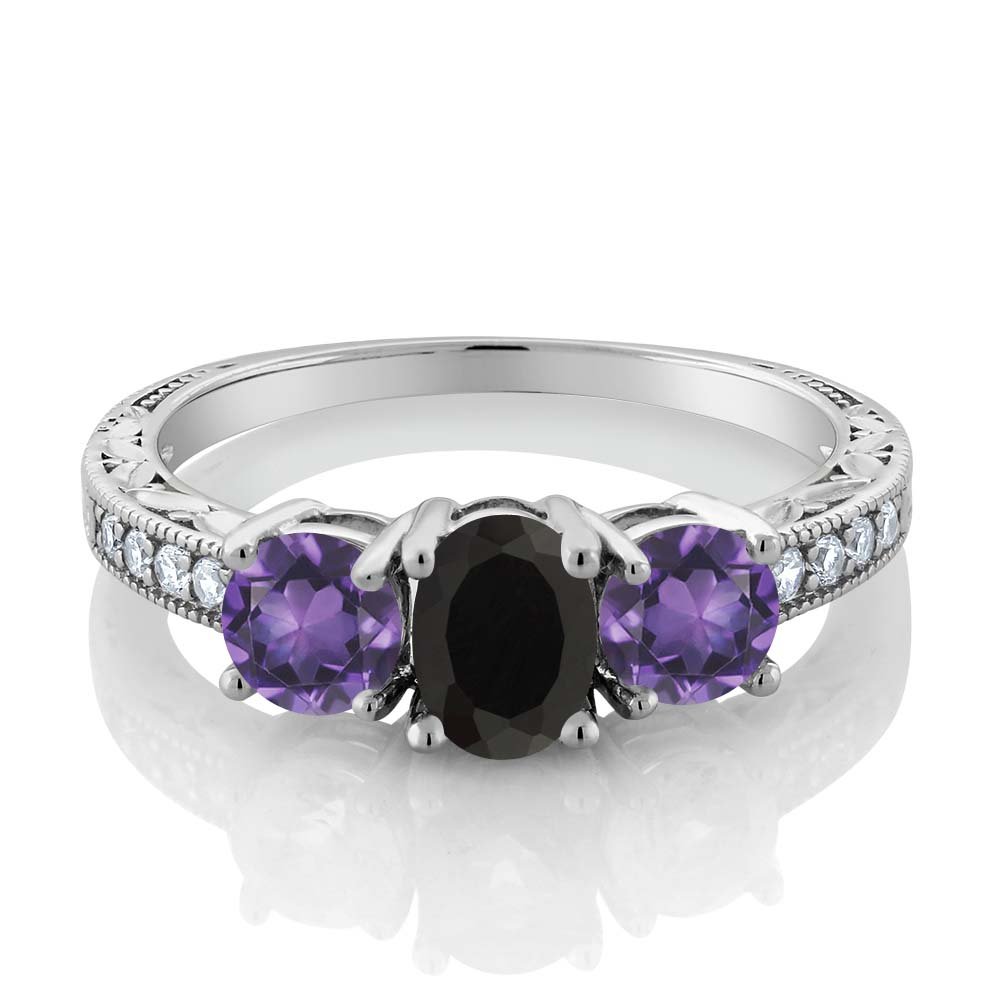 Gem Stone King 925 Sterling Silver Black Onyx and Purple Amethyst Engagement Ring For Women (1.82 Cttw, Gemstone Birthstone, Available In Size 5, 6, 7, 8, 9)