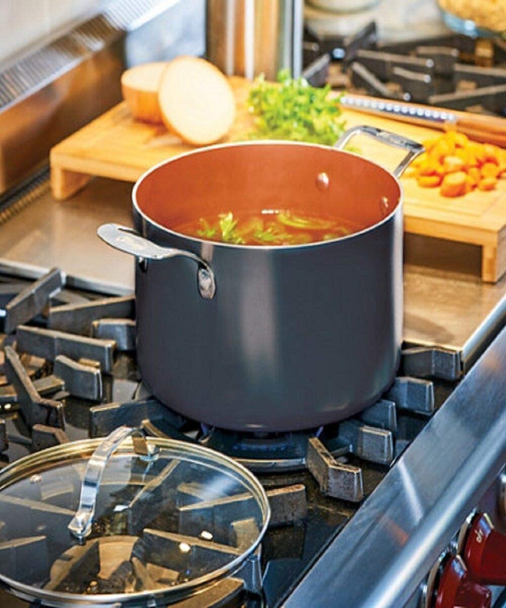 Gotham Steel Stock Pot with Ultra Nonstick Ceramic and Titanium Coating Includes Tempered Glass Lid β Dishwasher Safe, 7 Quart, Copper Black