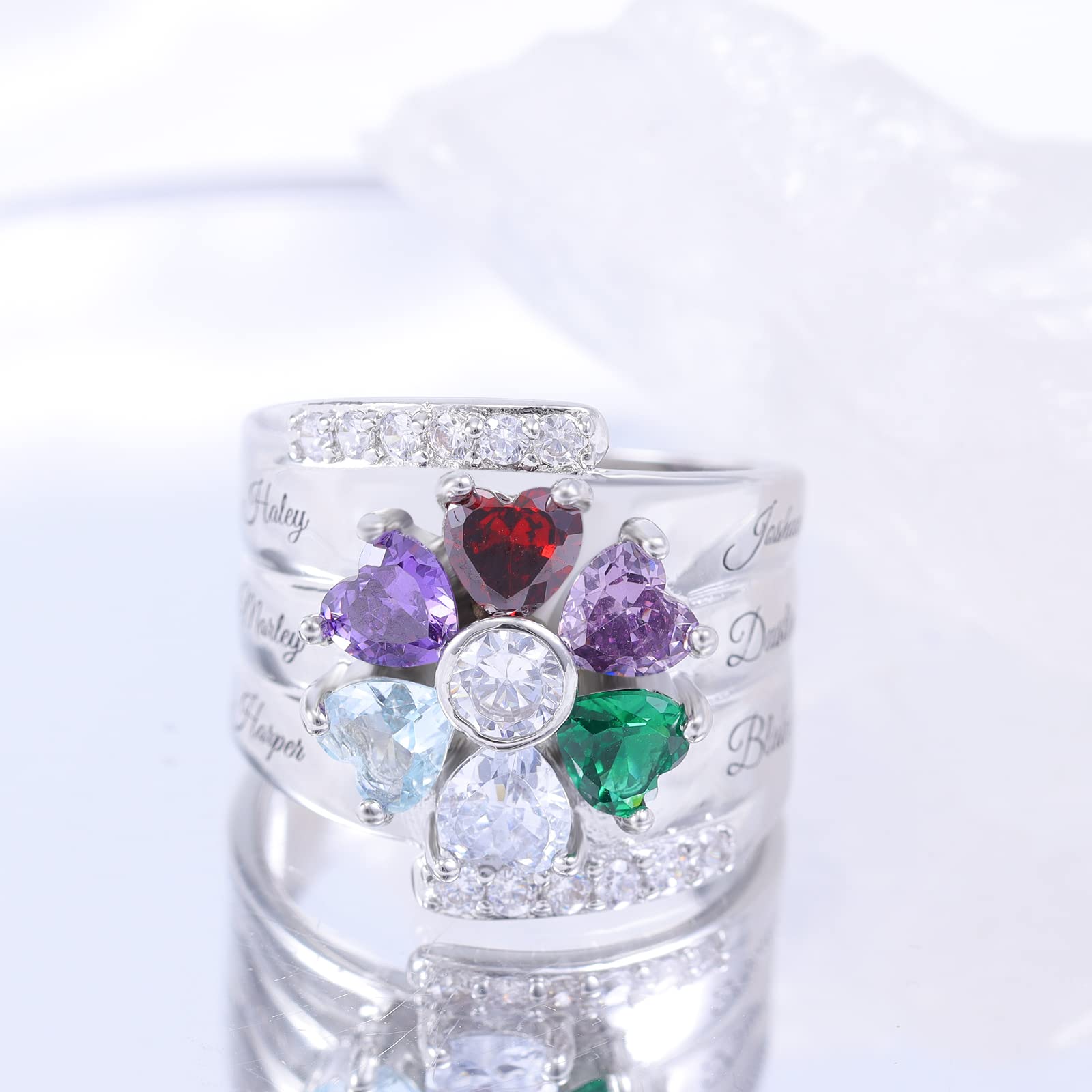 Laleonpame Mothers Ring Personalized Birthstones and Names Family Ring with 6 Heart Simulated Stone from Daughter Son