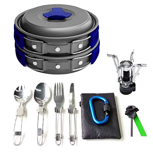 Gold Armour 17 Pieces Camping Cookware Mess Kit Backpacking Hiking Outdoors Gear - Lightweight Cookset, Compact, Durable Pot Pan Bowls, Essential Camping Accessories Equipment Gear (Blue)
