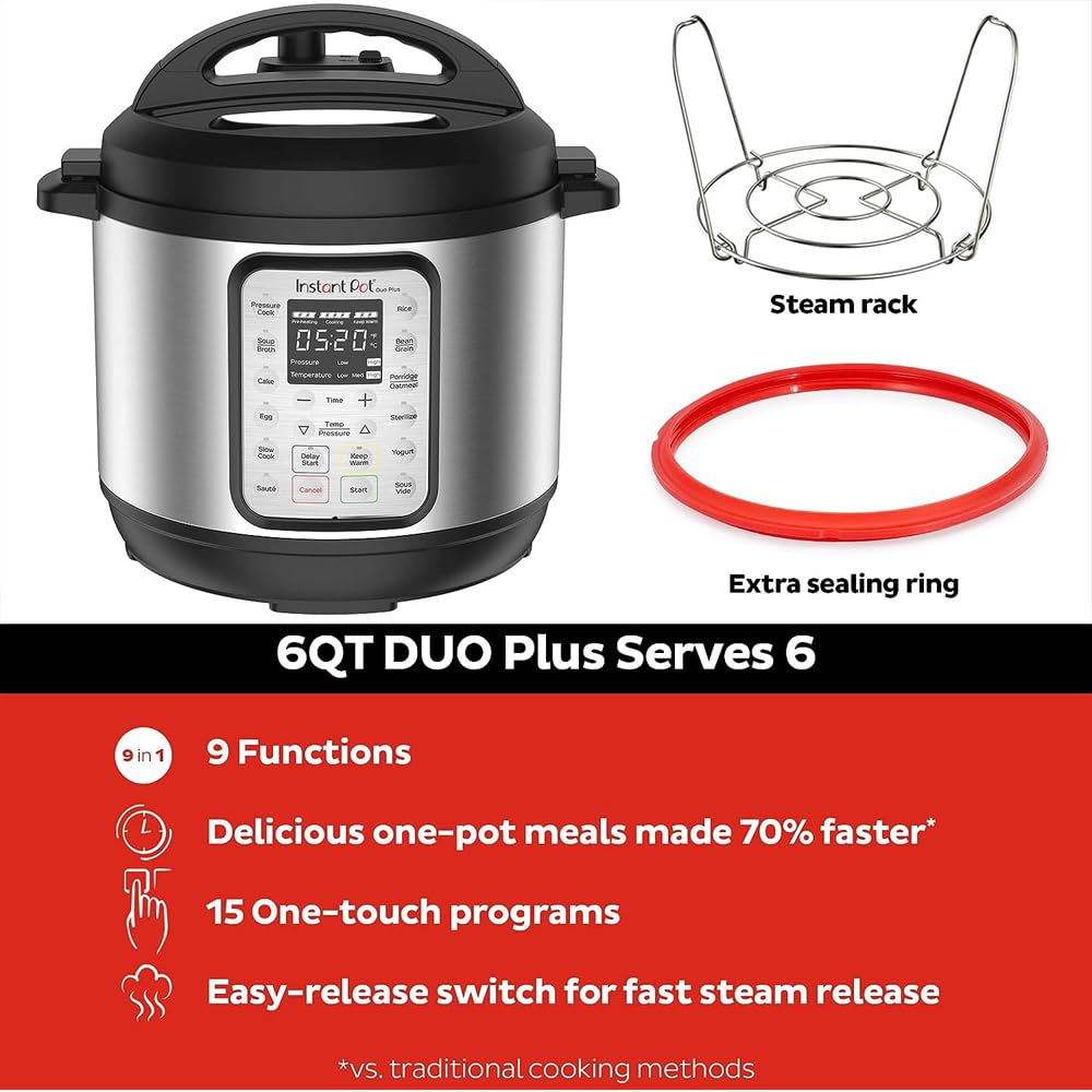 Instant Pot 072-10-4433 Duo Plus 9-in-1 Electric Pressure Cooker 6 Quart Stainless Steel (Renewed) Bundle with 2 YR CPS Enhanced Protection Pack