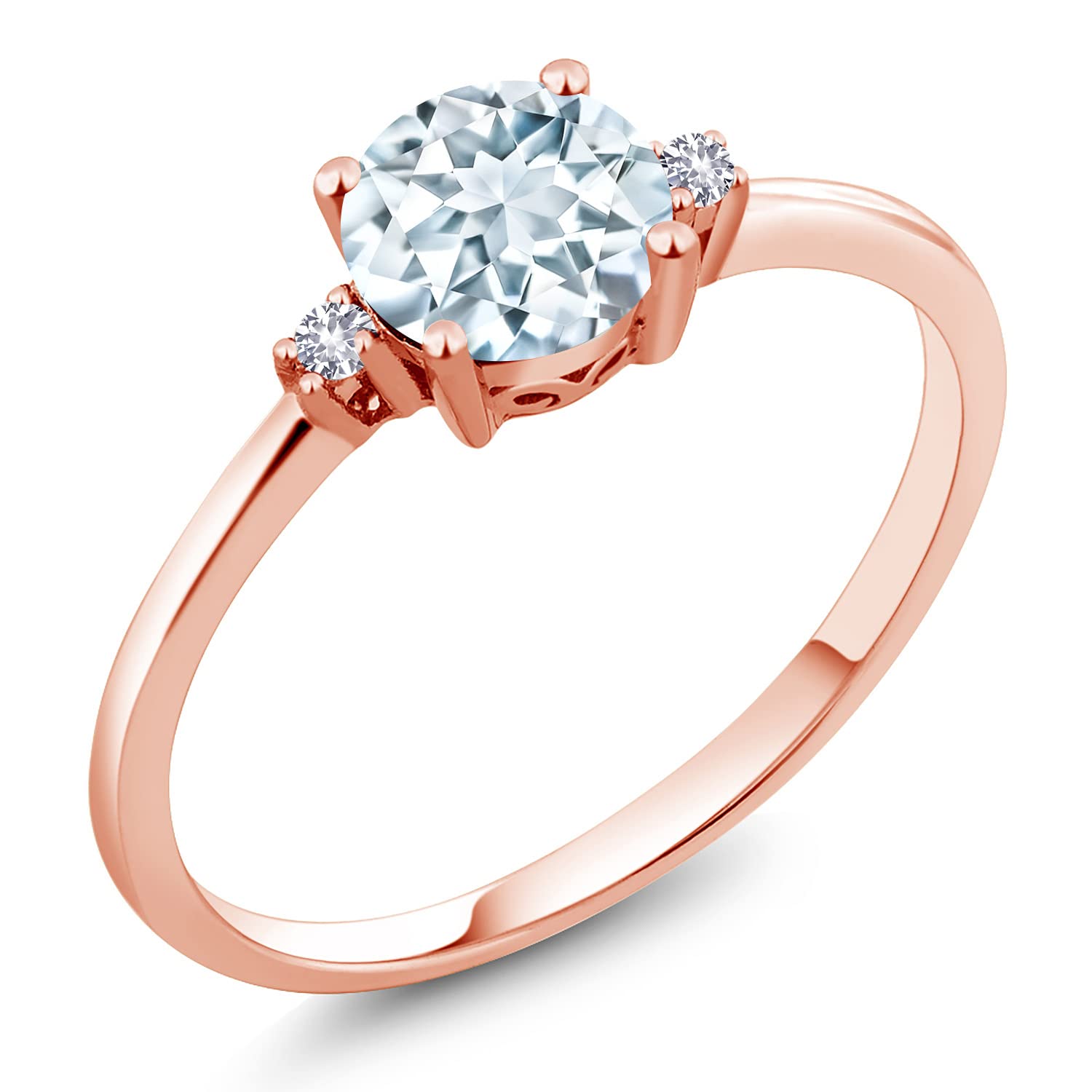 Gem Stone King 10K Rose Gold Sky Blue Aquamarine and White Created Sapphire Solitaire Engagement Ring For Women (0.78 Cttw, Round 6MM, Gemstone March Birthstone, Size 6)
