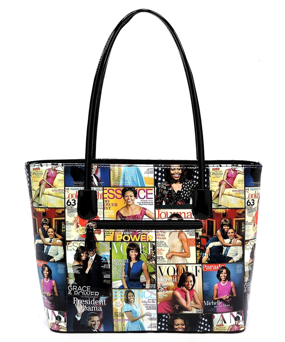Glossy Magazine Cover Collage 3-in-1 Shopper Tote Bag Wallet Set Michelle Obama Handbag (9-Multi/Black)