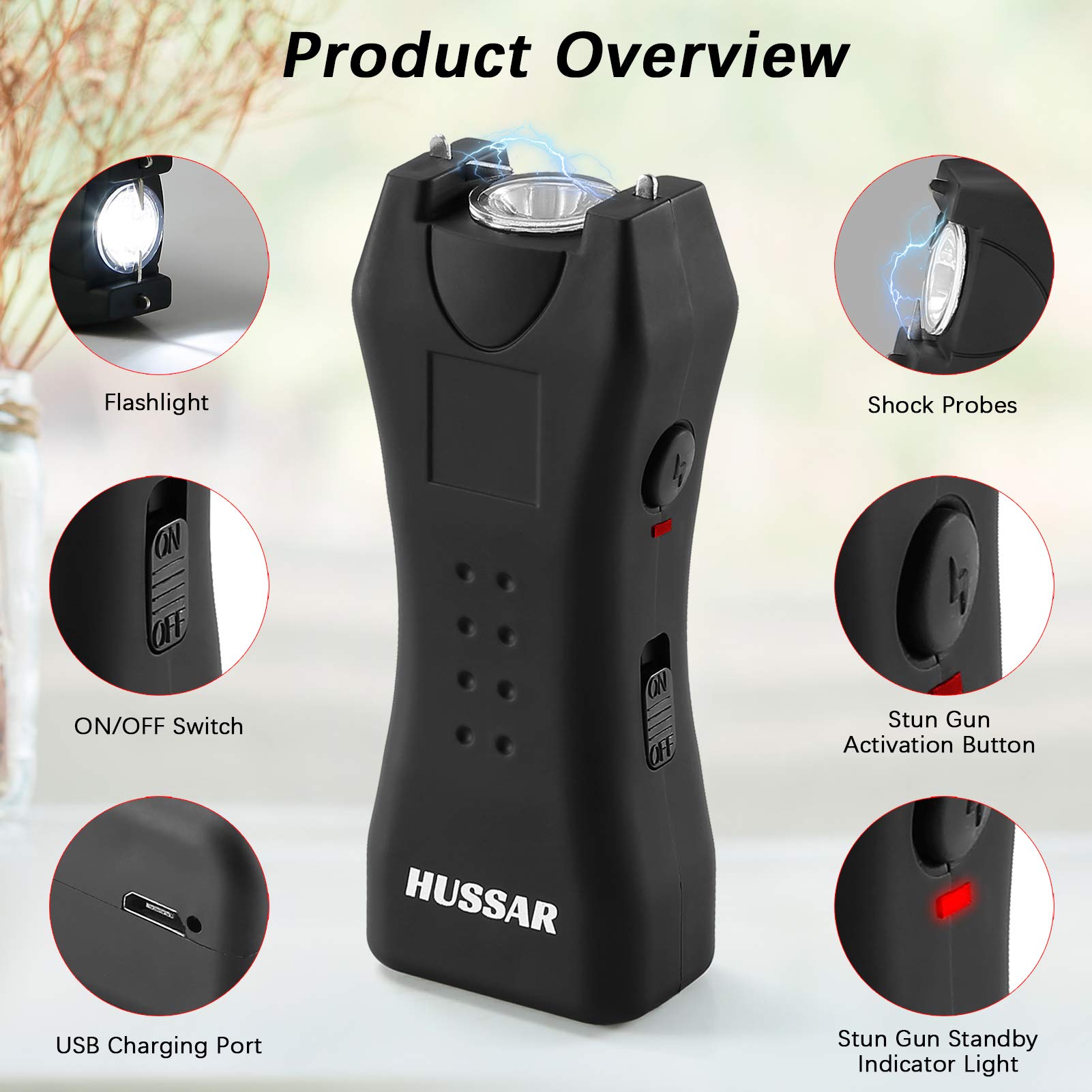 Hussar 618 Stun Gun for Self-Defense, Rechargeable with LED Flashlight, Powerful 1.60 µC Charge with Safety Switch, and Belt Holster