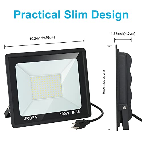 JRBFA 2 Pack 100W LED Flood Lights Outdoor, 10000lm LED Work Light with Plug, 6500K Daylight White, IP66 Waterproof Exterior Outside Floodlights for Backyard, Garage, Garden, Lawn