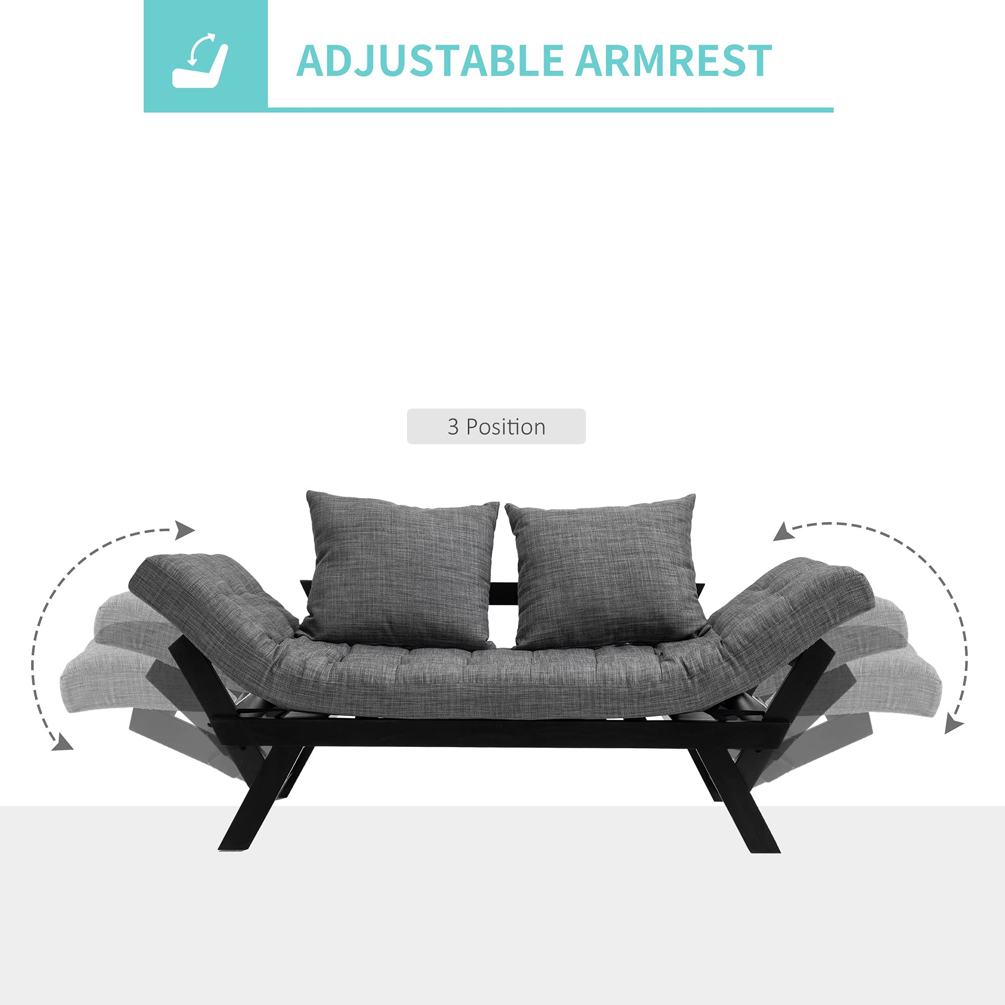 HOMCOM Single Person 3 Position Convertible Chaise Lounger Sofa Bed with 2 Large Pillows and Oak Frame, Light Gray
