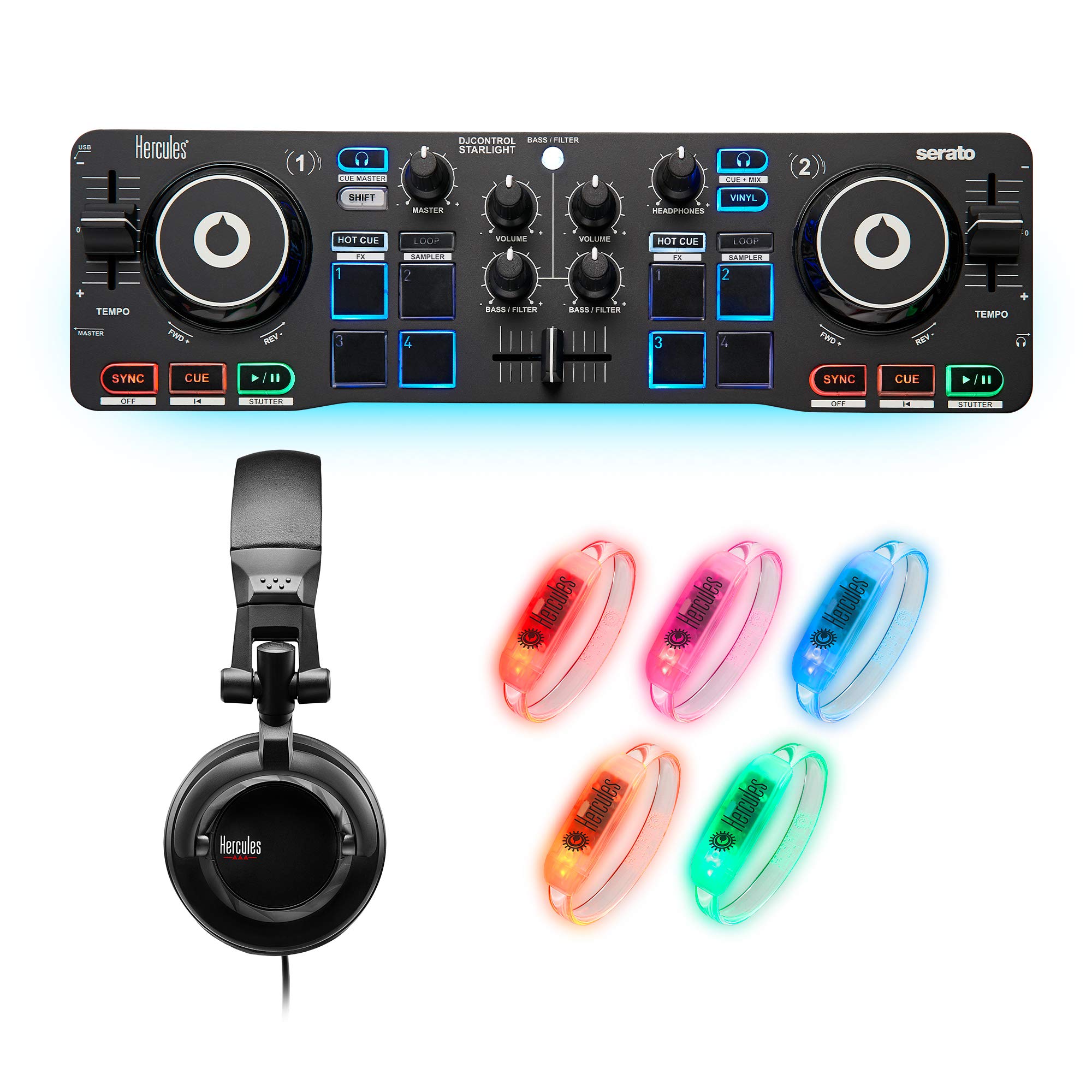 Hercules DJ Party Set: Ultra-compact, 2-deck DJControl Starlight USB DJ controller for Serato DJ Lite, HDP DJ45 headphones, 5 beat-detecting LED wristbands.