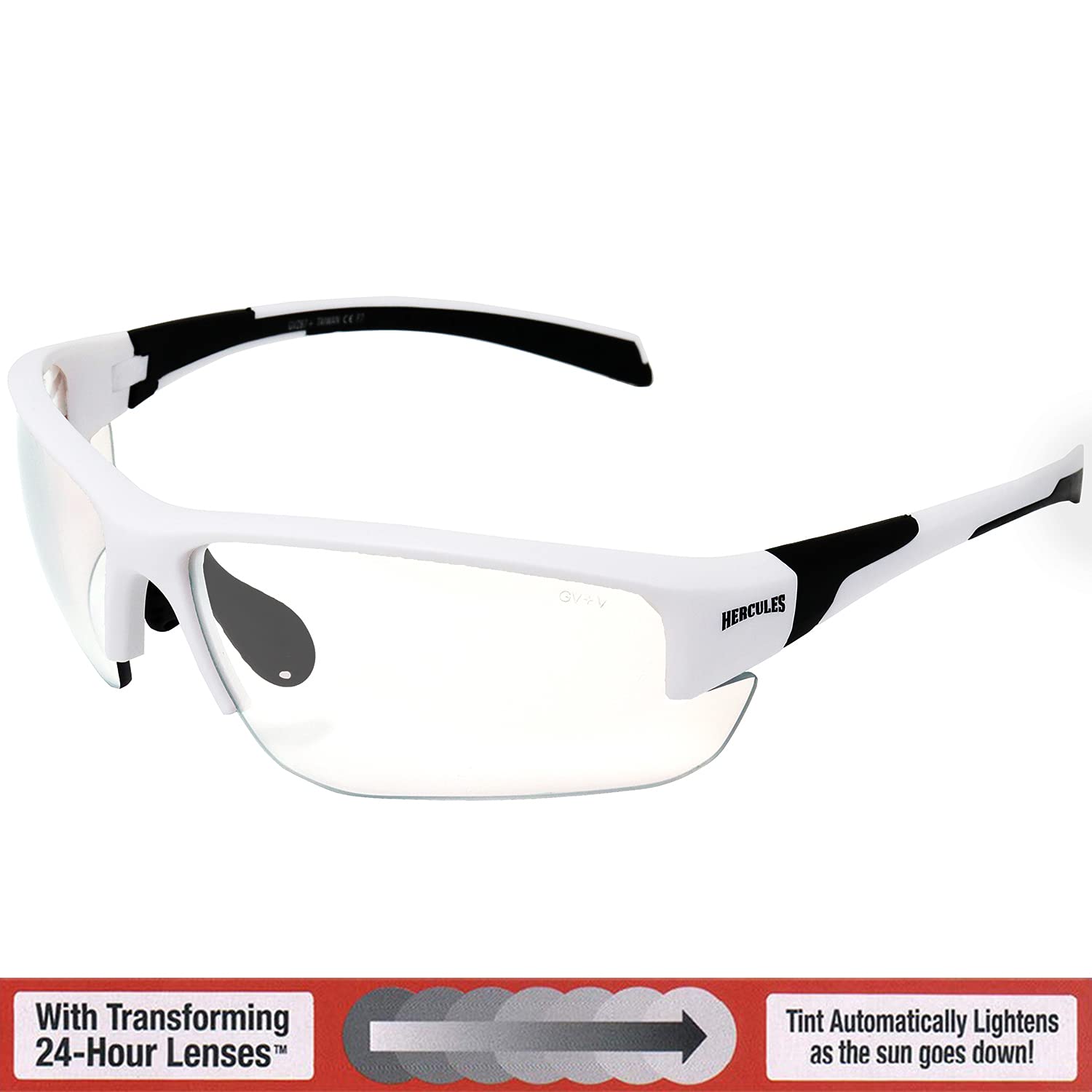 Global Vision Hercules 7 24-Hour Auto-Darkening Clear to Smoke Lens Transitional Safety Sunglasses Glasses Photochromic (White)