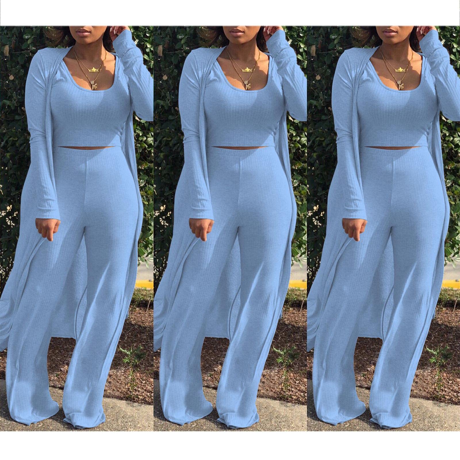 HANMAX Women's Tracksuit Winter Autumn Knitted Long-sleeved Blazer Coat Tank Long Pants Three Piece Sets Outfit