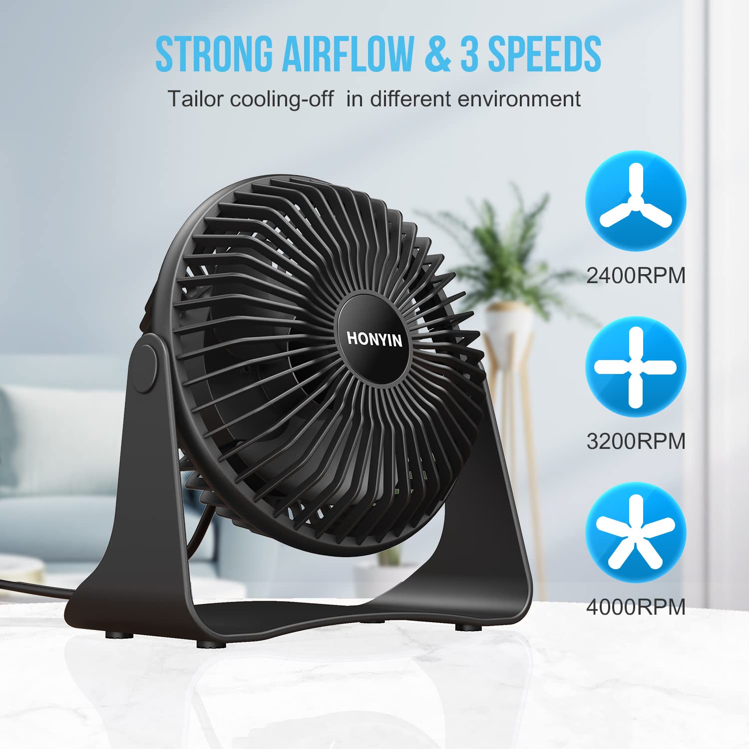 HONYIN Small USB Desk Fan, 3 Speeds Desktop Table Cooling Fan, 360° Rotatable, Strong Wind, Quiet Personal Little Fan Powered by USB for Bedroom Home Office