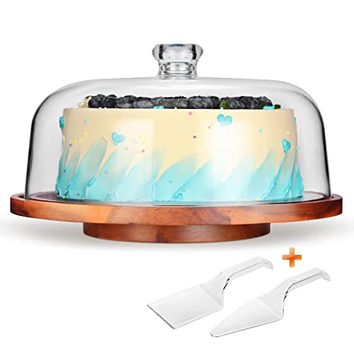 WEHOME Rotating Cake Stand with Dome,Acacia Wood with Acrylic Lid,Revolving Cake Diaplay Plate Holder with Clear Cake Cover for Cakes,Cupcakes,Pastries,Cookies,Desserts&etc.