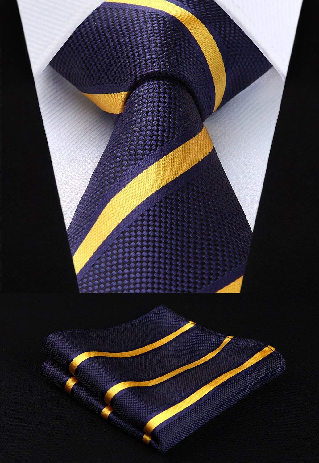 HISDERN Mens Ties Set Extra Long Ties and Pocket Square Set Navy Blue Yellow Necktie Handkerchief 63 Inch XL Silk Neckties Collection 3 Pack Wedding