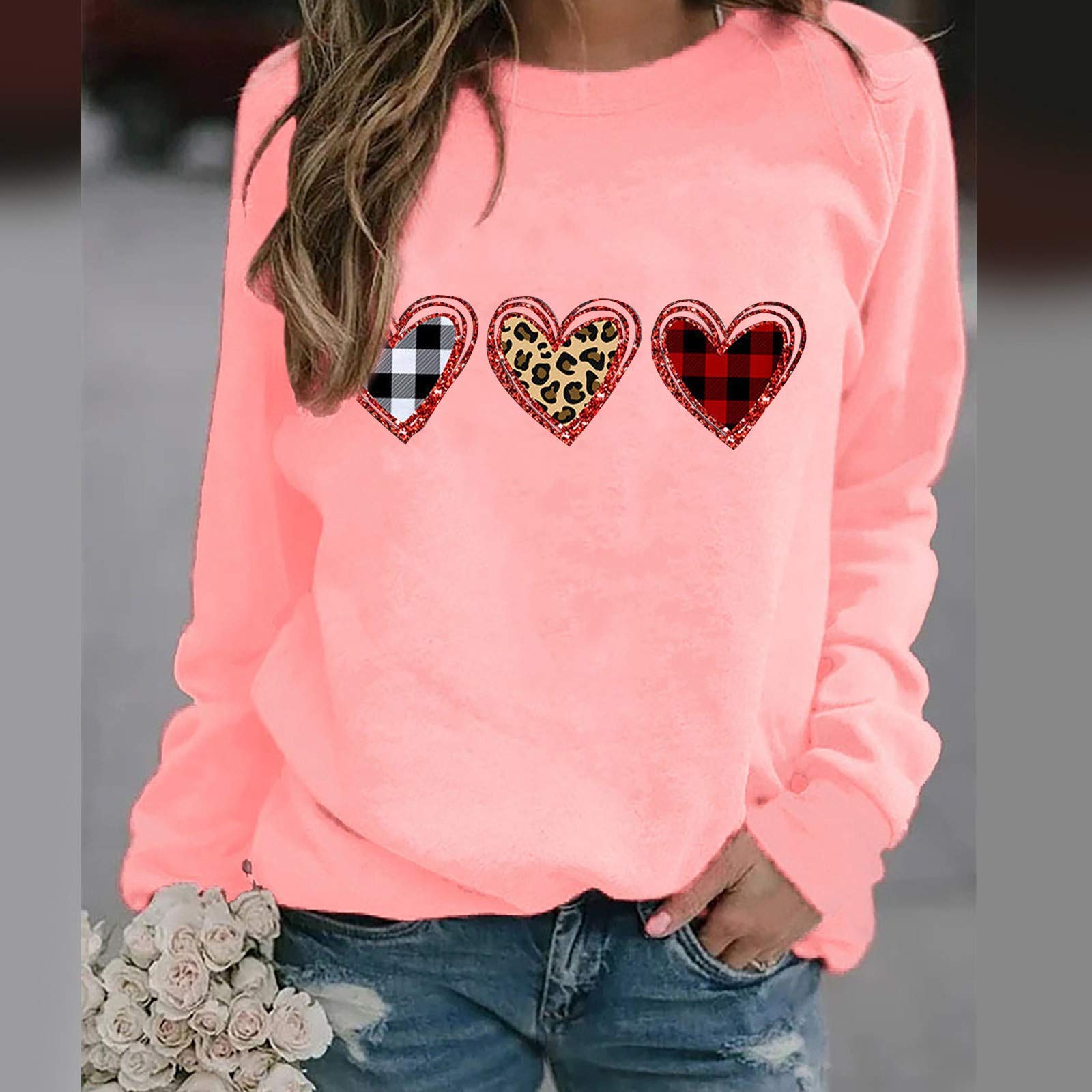 kangguolai Cotton Long Sleeve T Shirt for Women Women Sweatshirt Top 3 Love Pattern Printing Blouse Solid Color Pullover Long,Overstock Items Clearance All