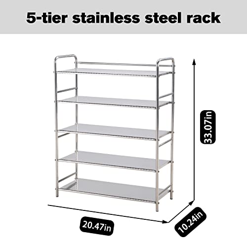 susunnus Stainless Steel Storage Shelf Free Standing Shelf Units Narrow Shoe Rack Slim 5 Tier Shoes Organizer for Entryway, Hallway, Closet, Kitchen, Bathroom (Sliver)