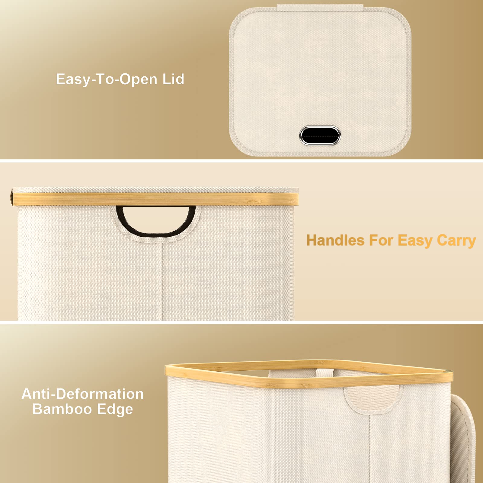 Homykic Laundry Hamper with Lid, 100L Tall Laundry Basket Collapsible with Bamboo Handles, Large Waterproof Laundry Bin Storage for Dorm, Bathroom, Bedroom, Clothing, Clothes, Toys, Cream White