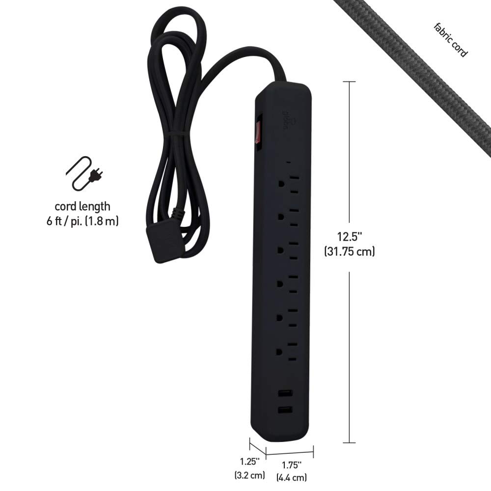 GLOBE Designer Series 6ft 6-Outlet USB Surge Protector Power Strip, 2x USB Ports (5V/3.1A), Surge Protector, Right Angle Plug, Circuit Breaker Switch, Blue &Gray, Rubberized Finish, Fabric Cord,78504