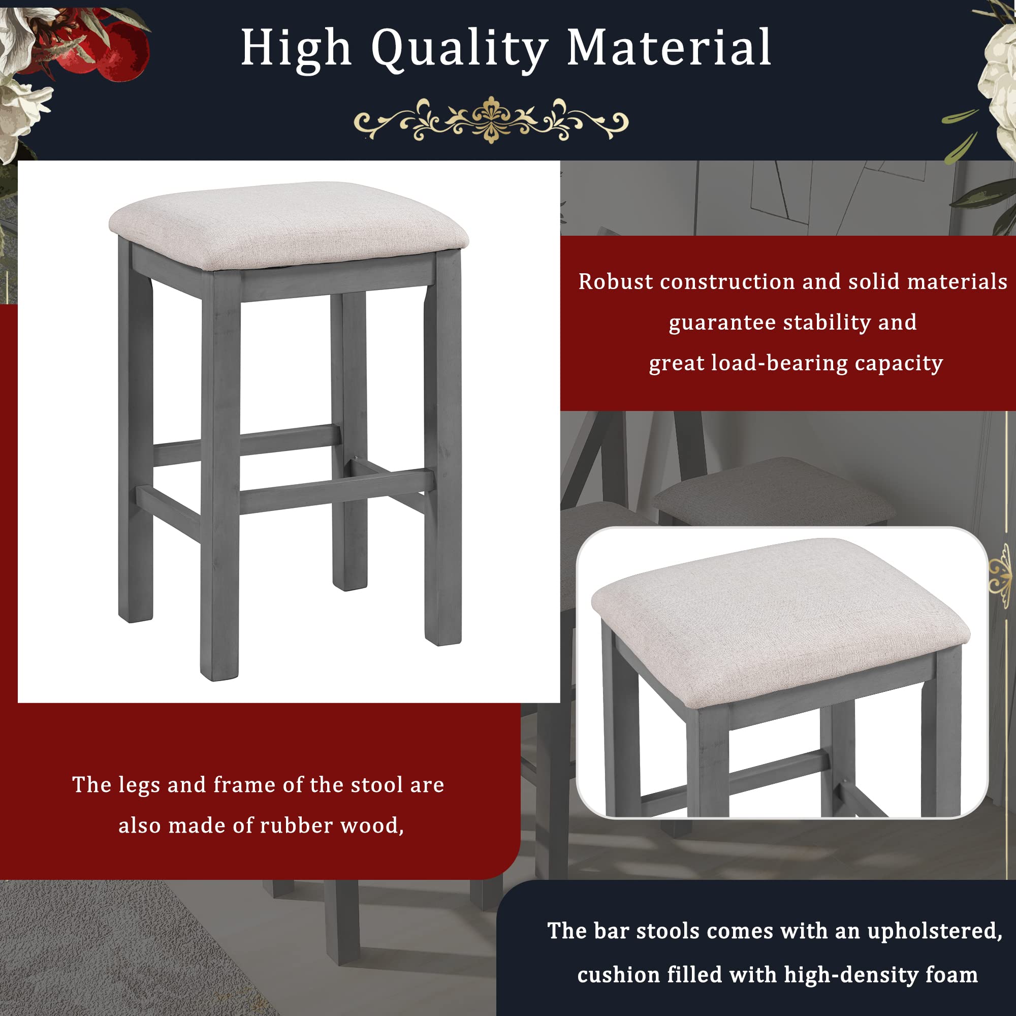 Goozio Multipurpose 4-Piece USB Port and 3 Upholstered Stools w/Footrest,Rustic Wooden Bar Chairs, Living Room, Restaurant, Small Space Dining Table Set,Gray, Onesize
