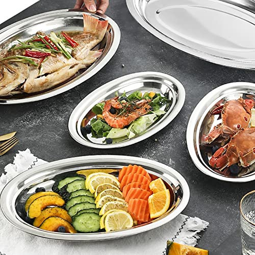 Suwimut 6 Pack Stainless Steel Oval Platter, Heavy Duty Mirror Polish Large Sizzling Platter Serving Tray Fish Plate for Steaming Fish Dessert Meat Sushi, 14-Inch by 8.7-Inch, Silver