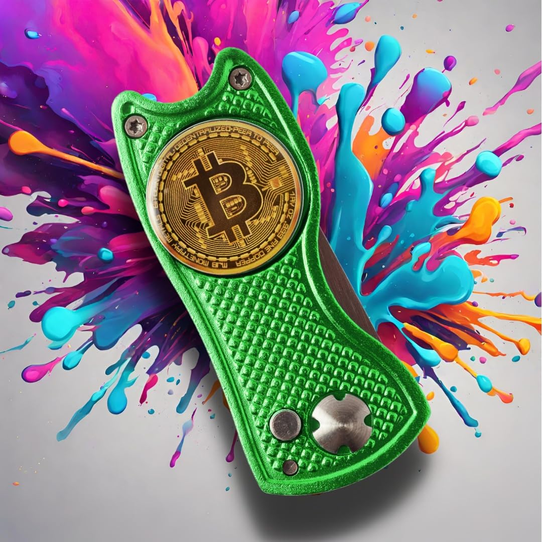 HODL 21 Bitcoin Golf Divot Repair Tool, All-Metal Golf Accessories - 3- in-1 Golf Multitool (Divot Tool, Ball Marker, Club Holder) | Foldable with with Pop-up Button & Magnetic Ball Marker