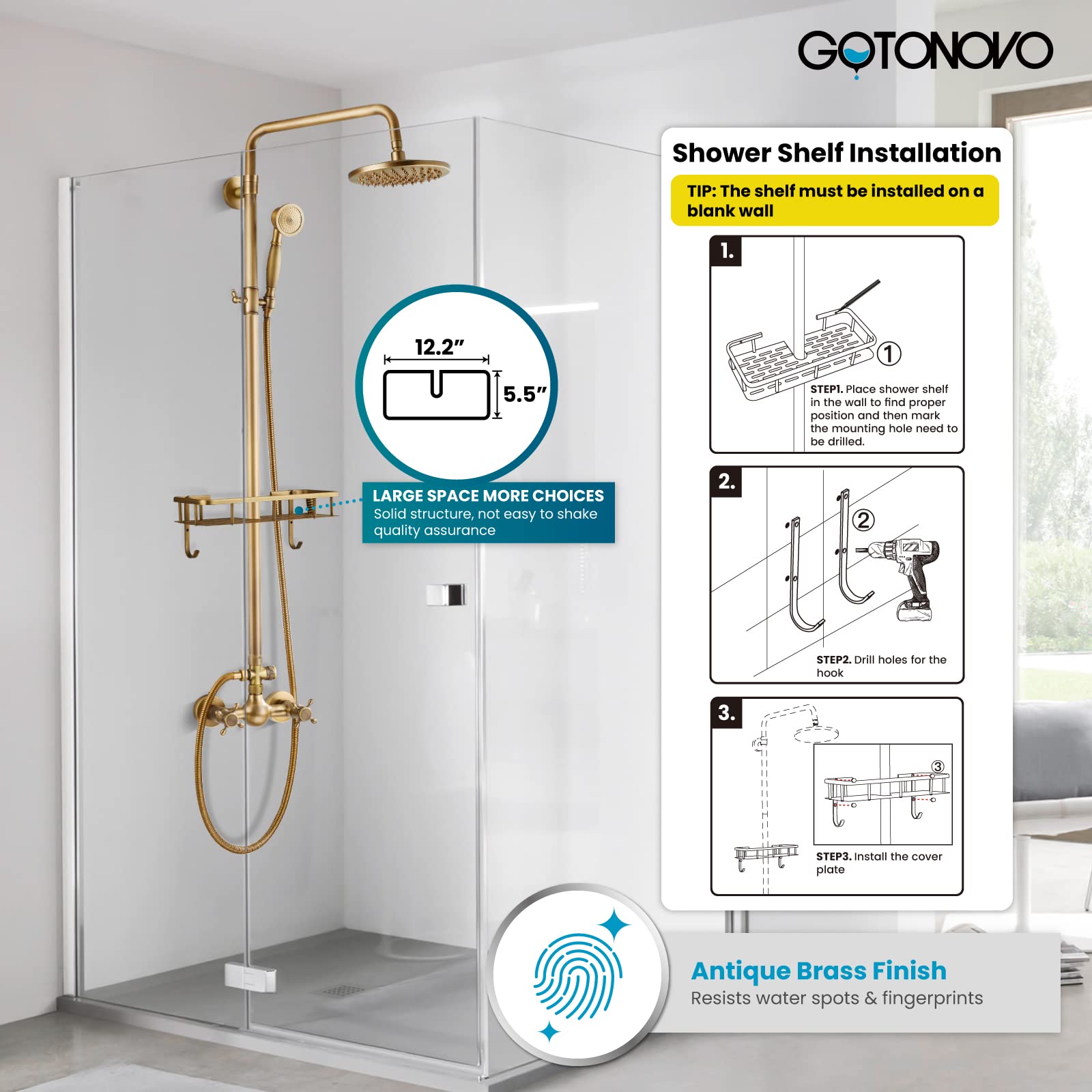 gotonovo Exposed Bathroom Shower Faucet with Shower Shelf Antique Brass 8 inch Rainfall Shower Head Wall Mounted Double Cross Handles Handheld Sprayer Shower Shower System Dual Functions