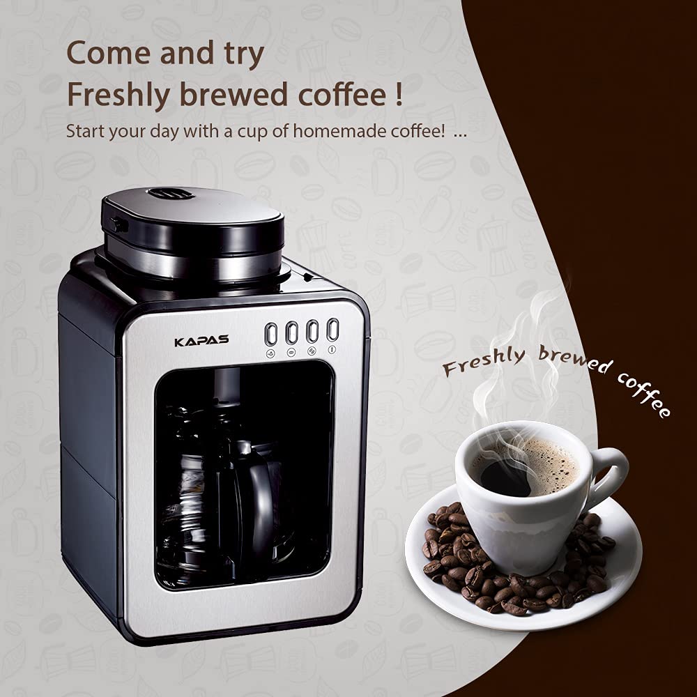 KAPAS Mini Automatic Coffee Machine With Grinding Function, Programmable Timer Mode and Keep Warm Plate, 0.6L Capacity, 600W
