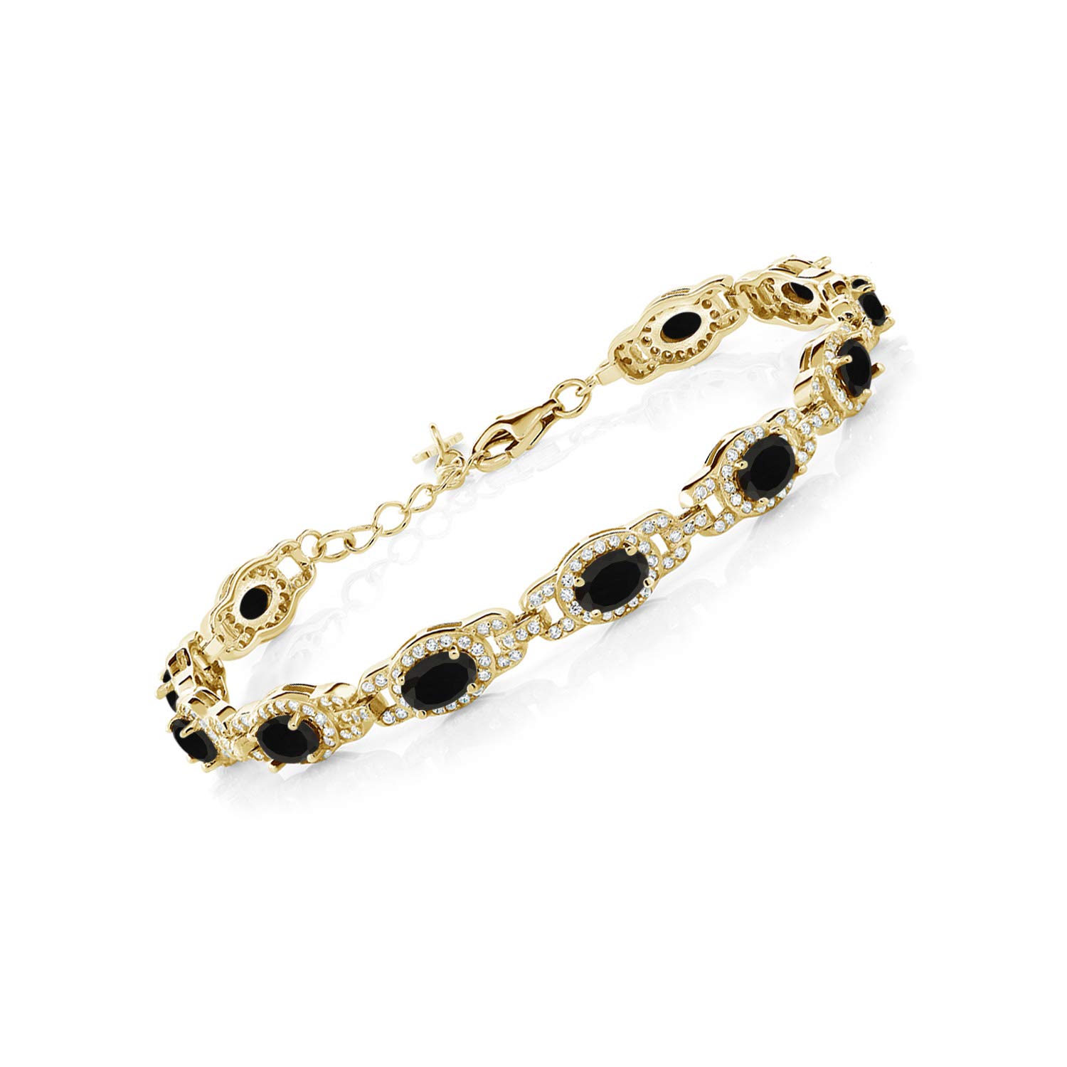 Gem Stone King 18K Yellow Gold Plated Silver Oval Black Onyx Tennis Bracelet For Women (8.00 Cttw, Gemstone Birthstone, 7 Inch with 1 Inch Extender)