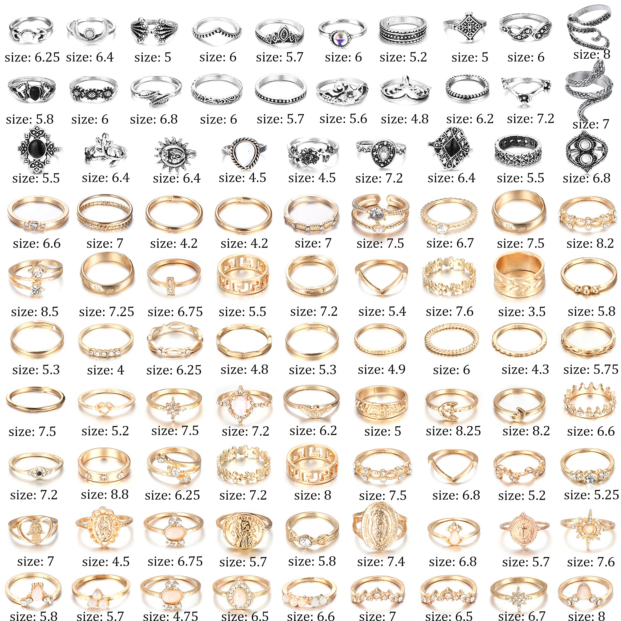 JOERICA 92Pcs Knuckle Rings Set for Women Vintage Boho Aesthetic Rings Pack Stackable Midi Joint Finger Rings Gold and Silver Tone Rings for Women Set
