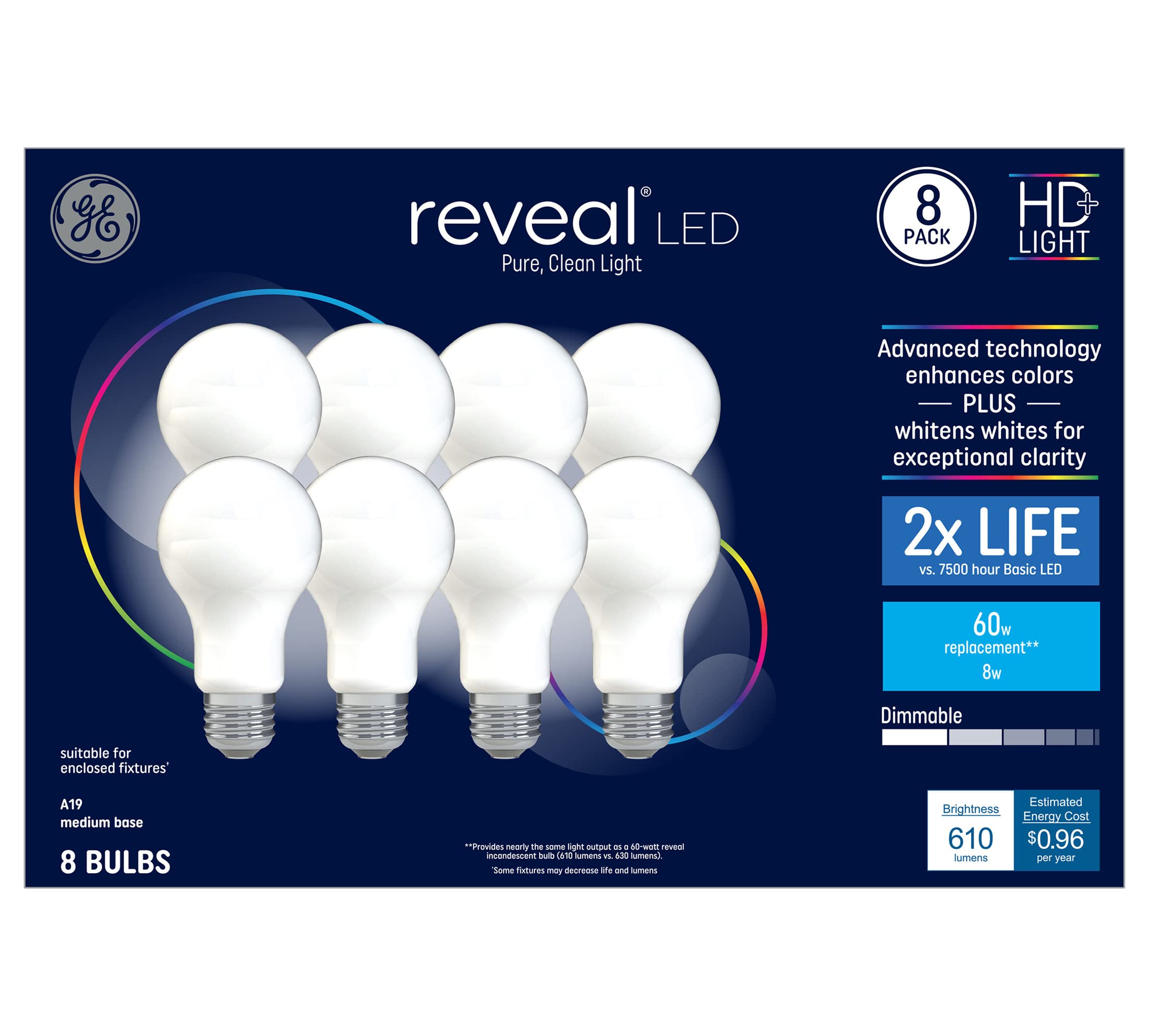 GE Reveal 8-Pack 60 W Equivalent Dimmable Color-Enhancing 2850K Warm White A19 LED Light Fixture Light Bulbs Fixture