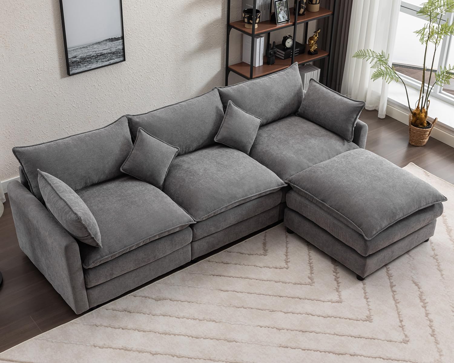 Suheww Grey L Shaped Sectional Sofa, 3 Seat Convertible Sectional Sofa Couch with Movable Ottoman, Modern Chenille Fabric L Shaped Sectional Couches for Living Room Apartment Office RV